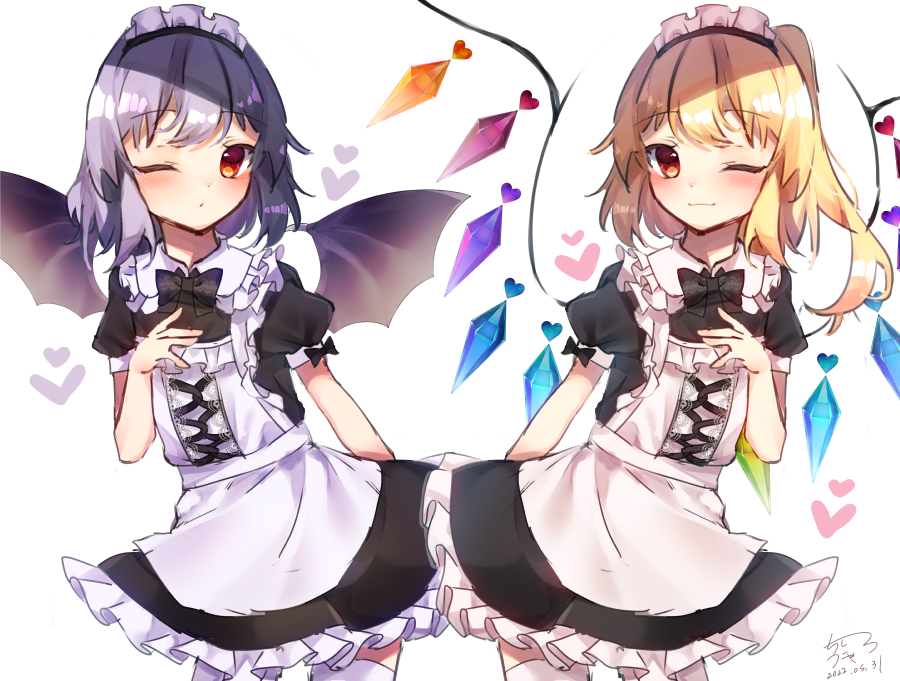 Safebooru - 2girls apron bat wings black ribbon blonde hair chisiro unya (unya draw) crystal ...