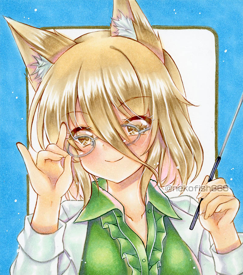 Safebooru - 1girl alternate costume animal ear fluff animal ears blue background blush brown ...