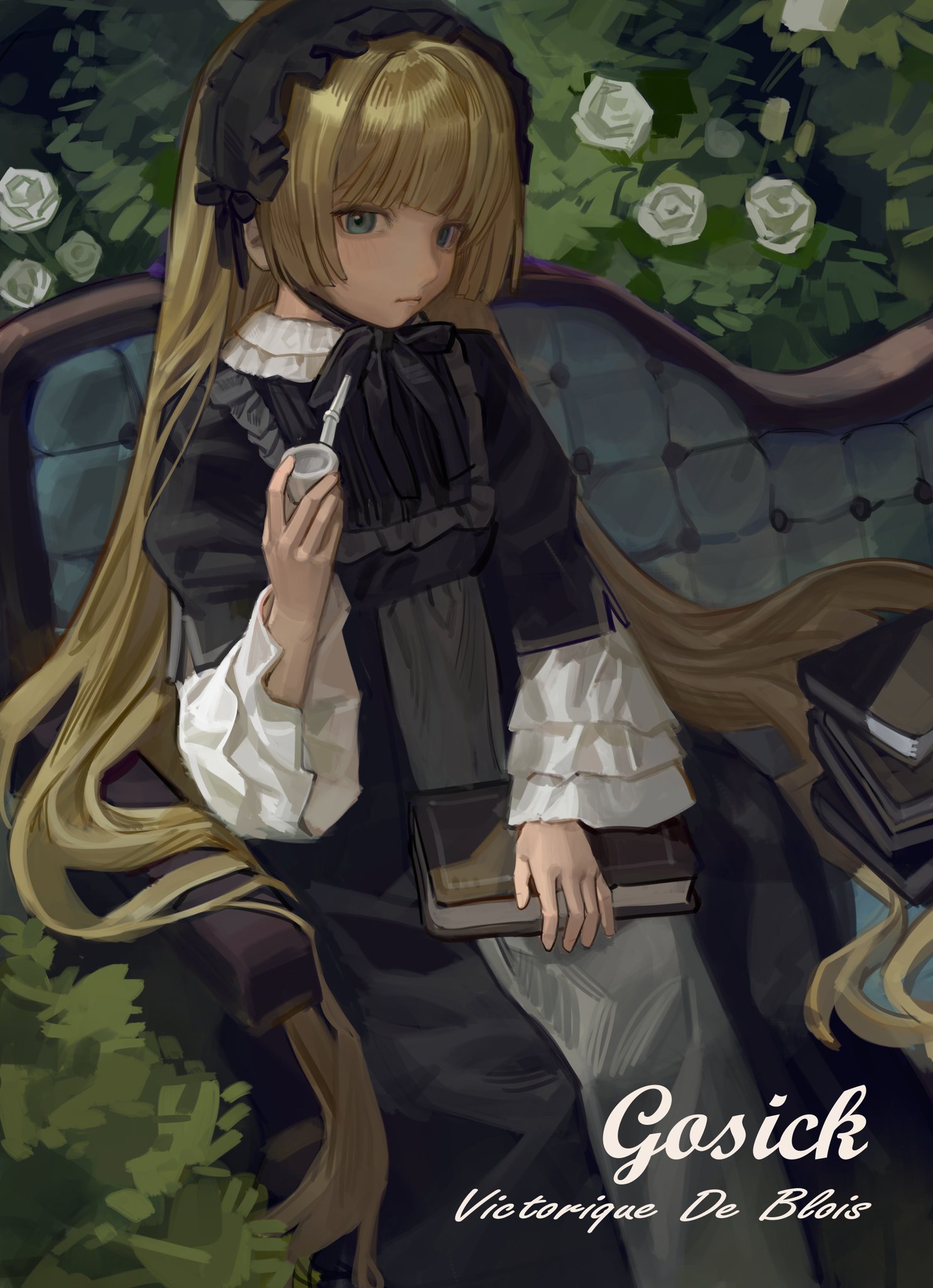 Safebooru - 1girl black bow black bowtie black dress black hairband blonde hair blue eyes book ...