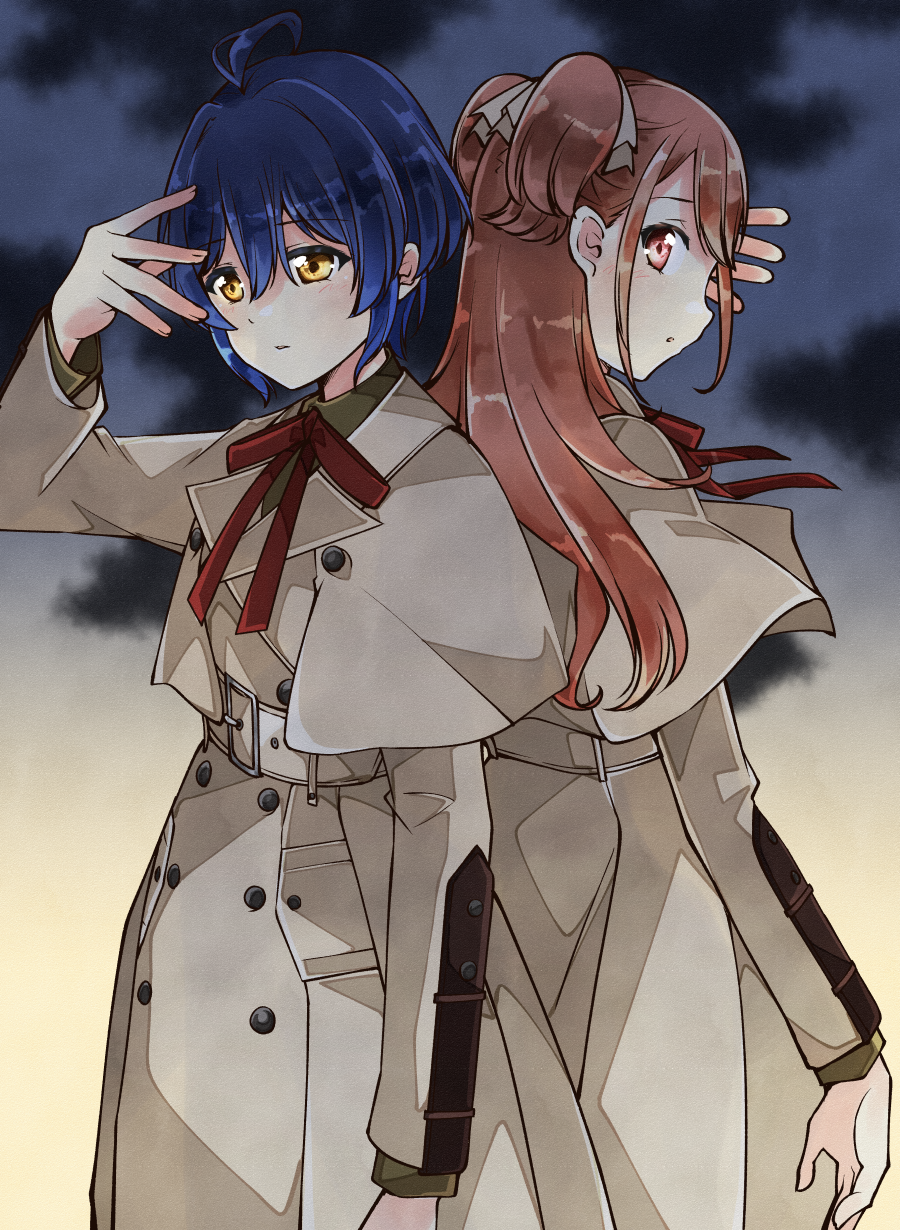 Safebooru - 22/7 2girls belt blue hair bow bowtie brown belt brown bow brown dress brown eyes ...