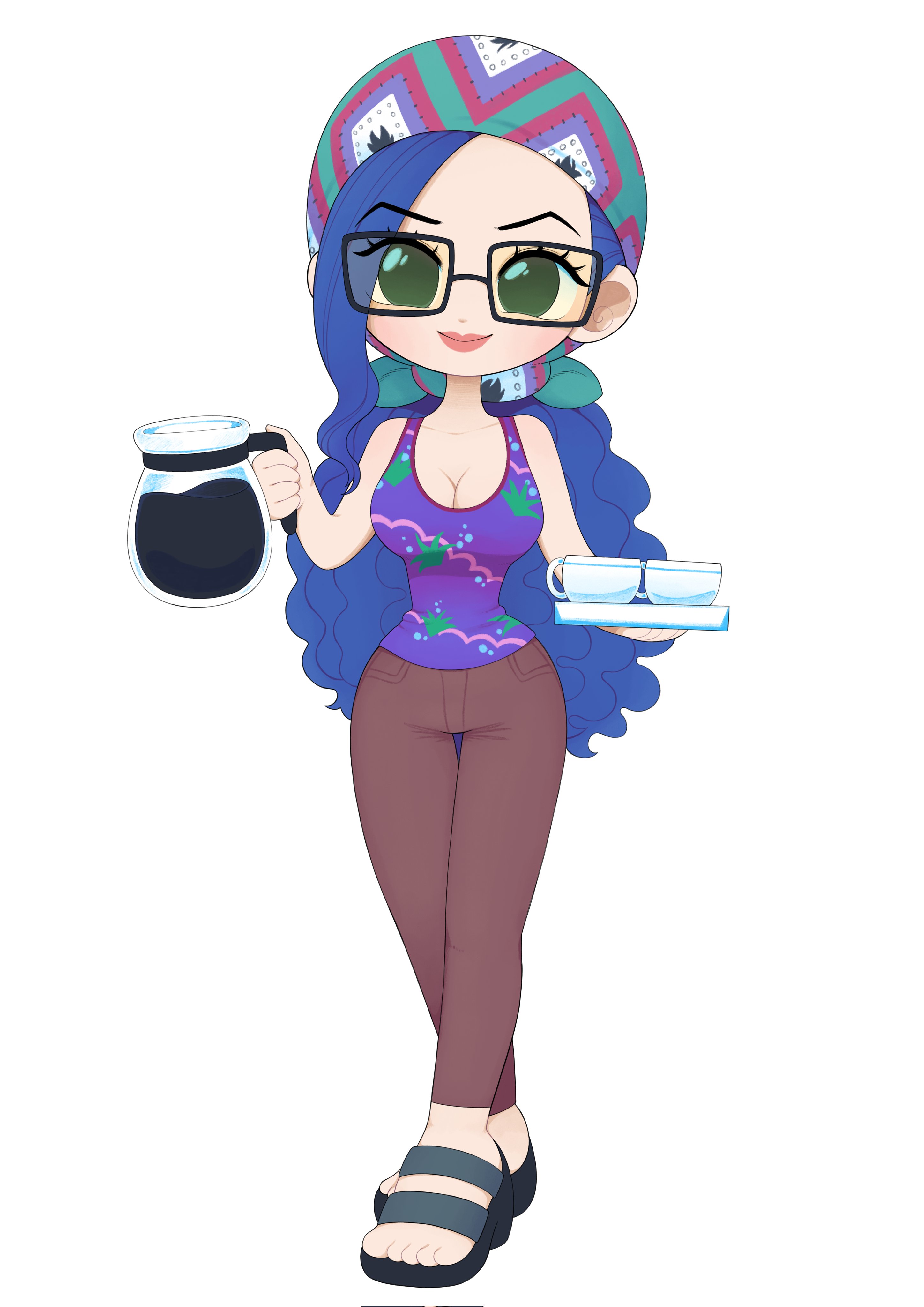 Safebooru - 1girl absurdres black pants blue hair brown pants chibi ...