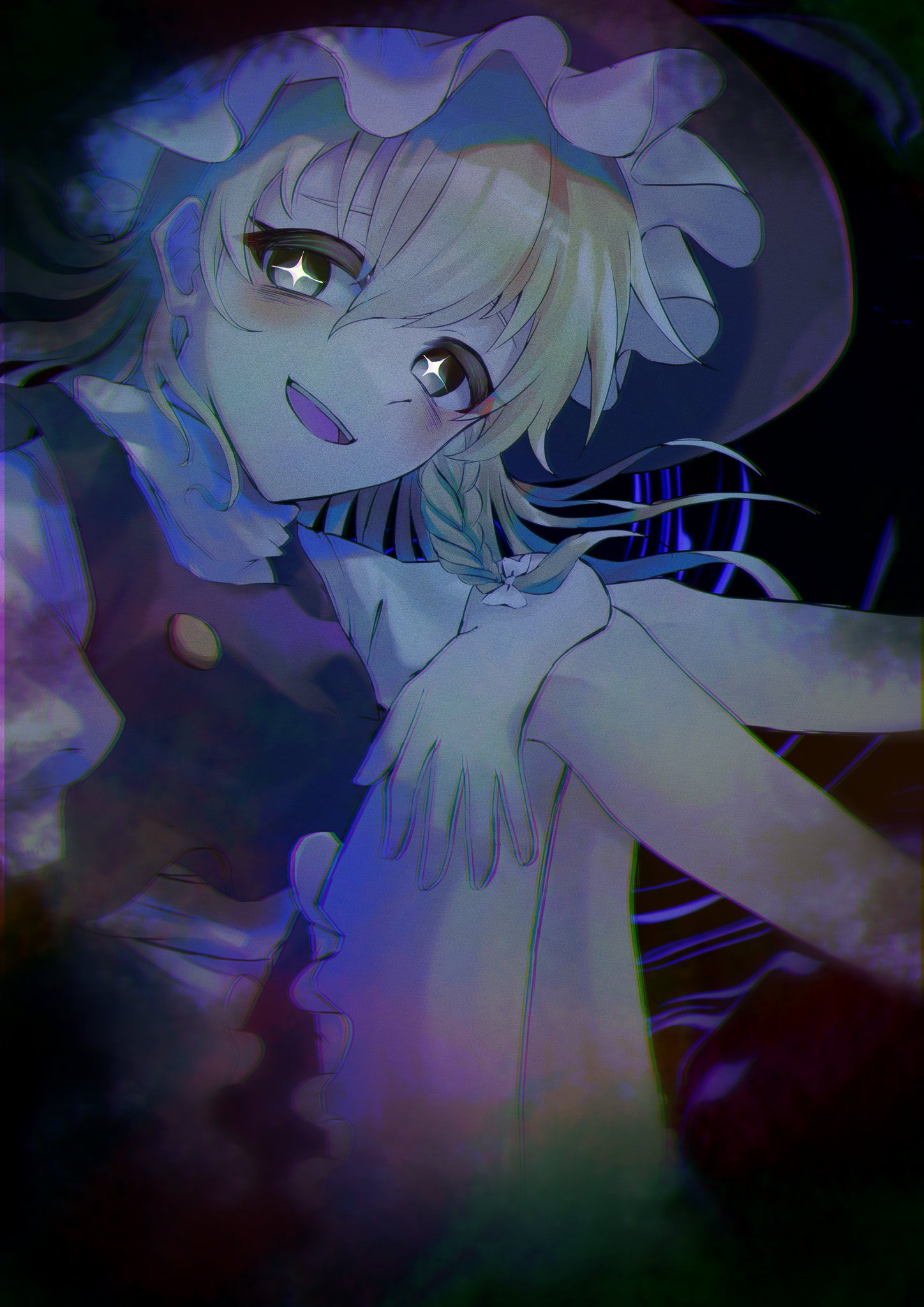 Safebooru - + + 1girl apron arm on knee black background black hat black skirt black vest blonde ...