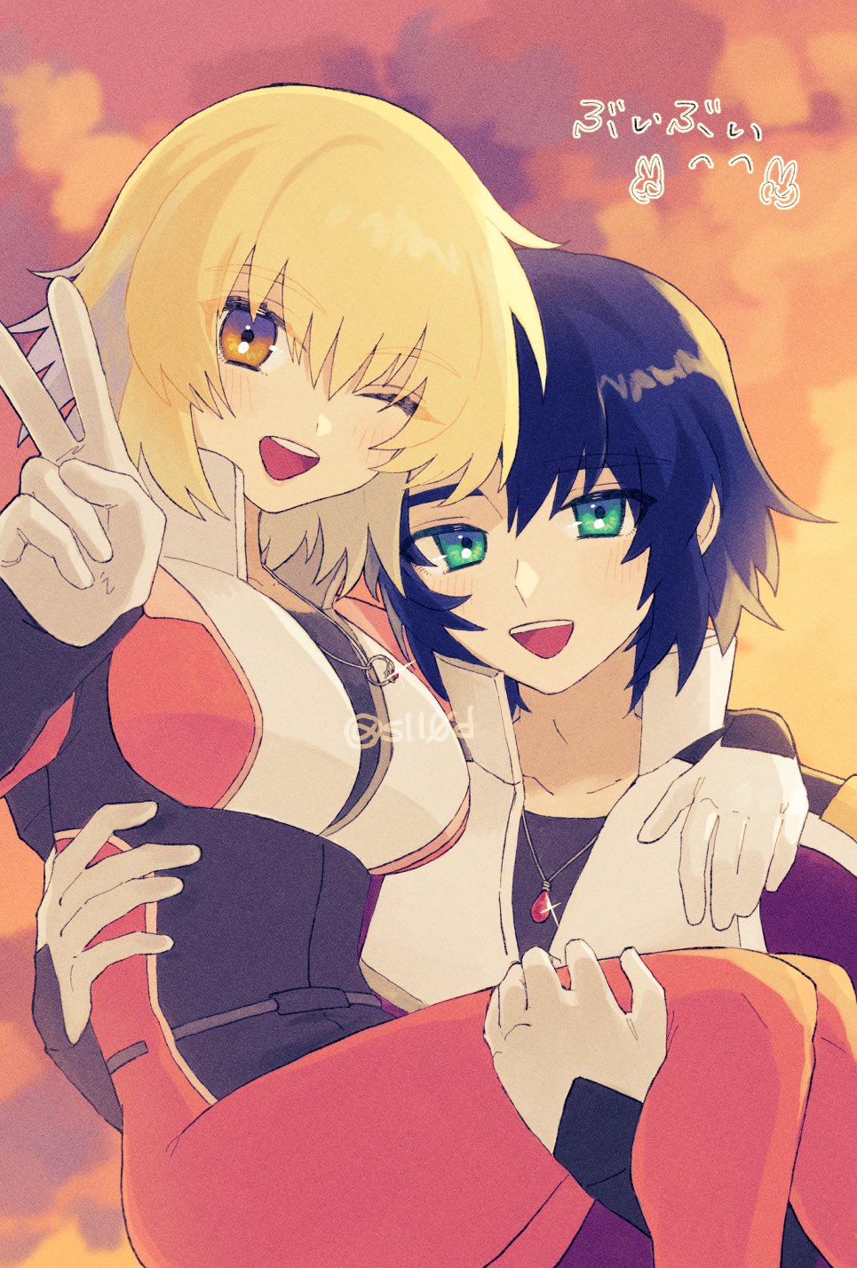 Safebooru - 1boy 1girl amulet arms around neck athrun zala blonde hair blue hair blush bodysuit ...