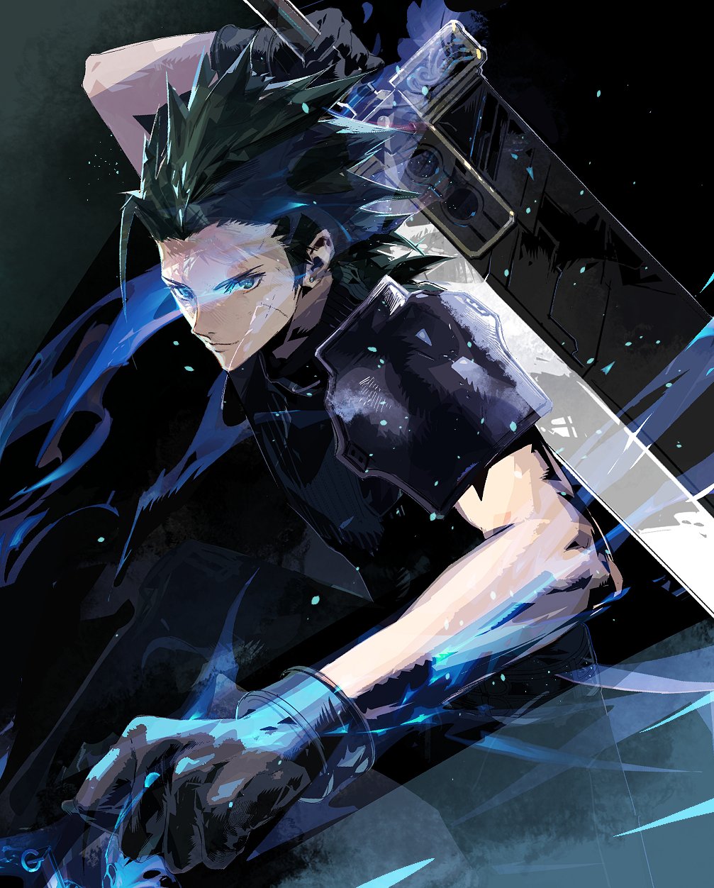Safebooru - 1boy arm up armor black background black gloves black hair blue eyes buster sword ...