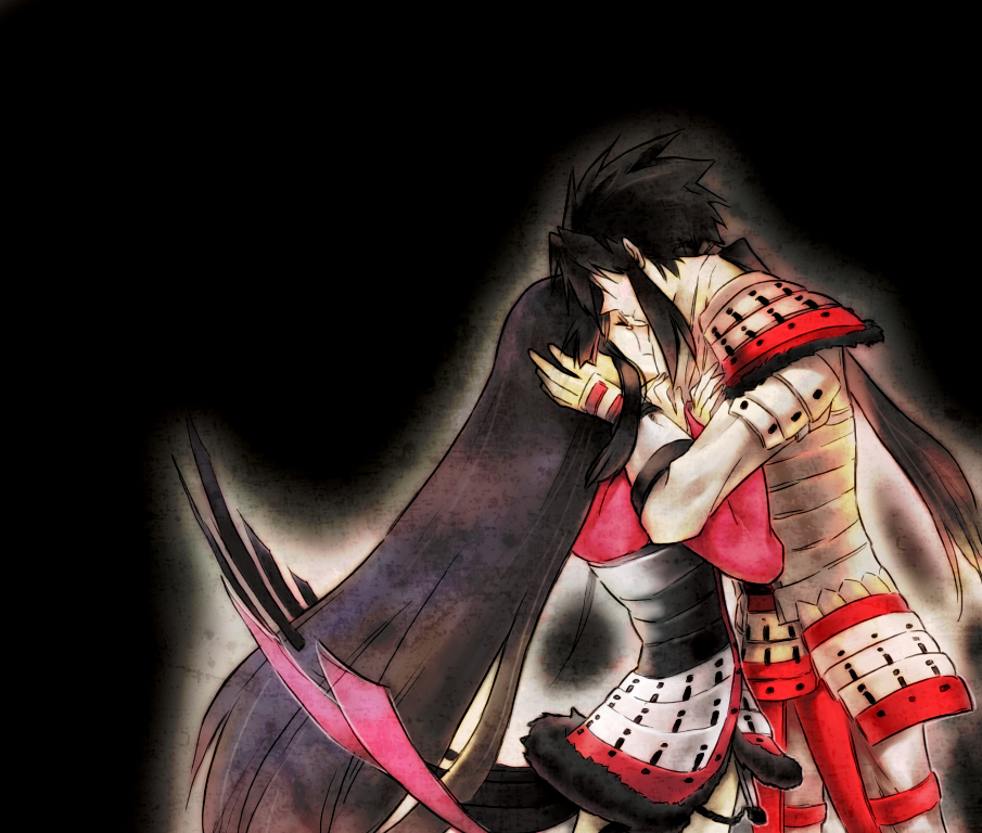 Safebooru - 1boy 1girl armor azai nagamasa (sengoku basara) black background black hair closed ...