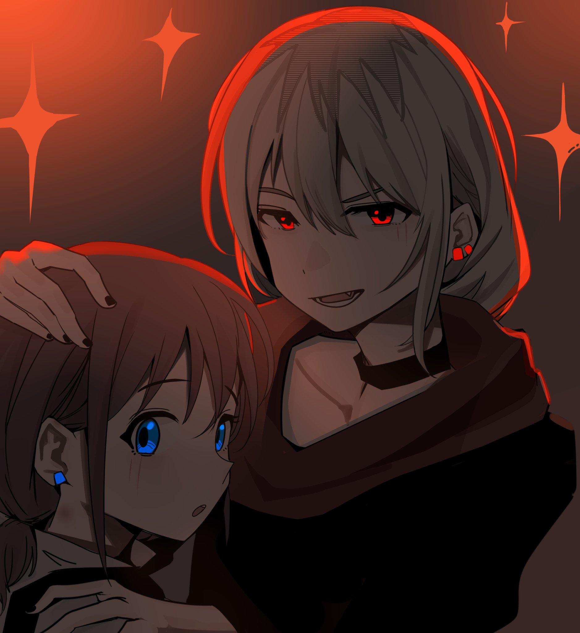 Safebooru - 2girls black choker black hoodie blue eyes blush brown hair chinese commentary ...