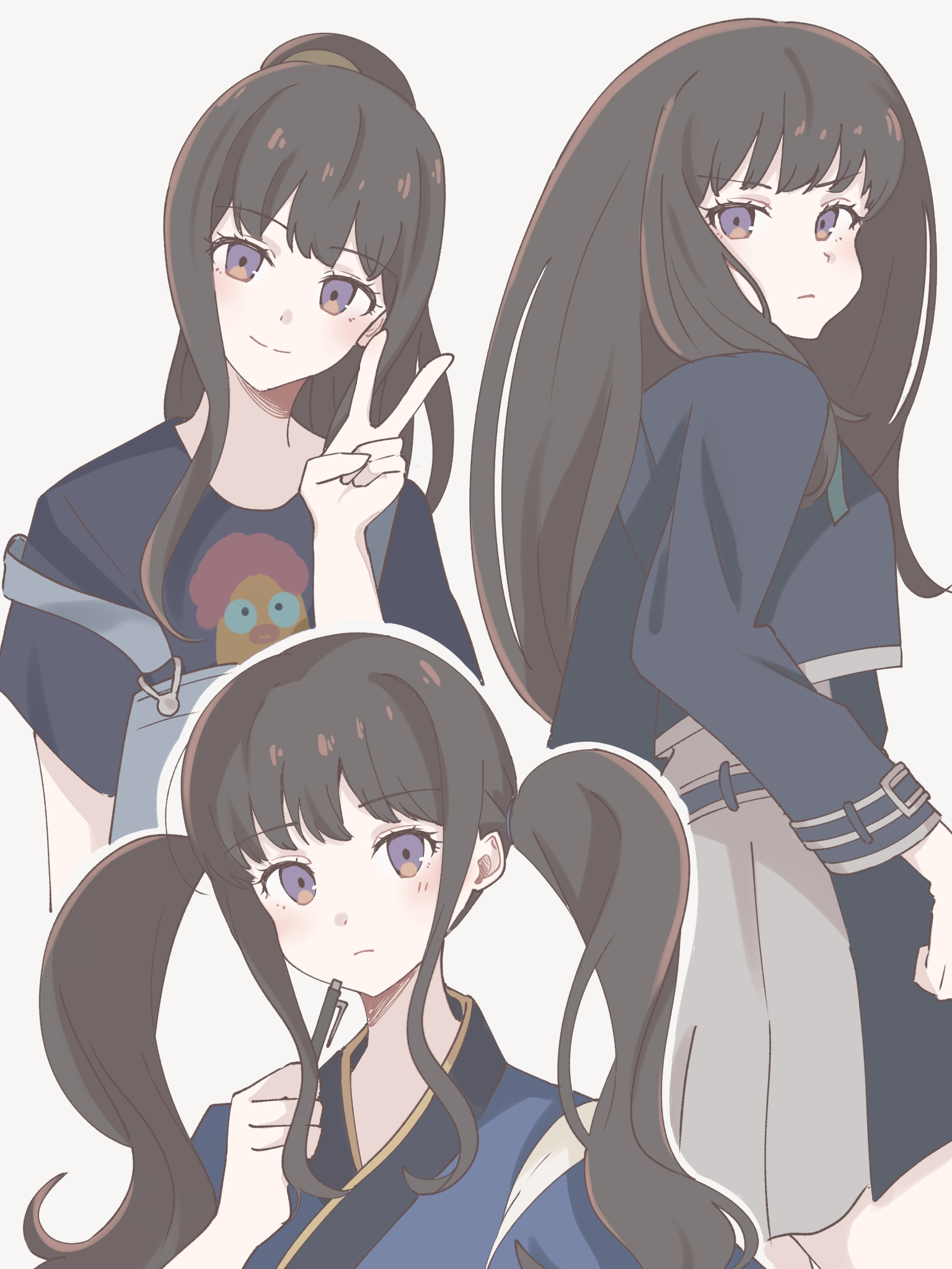 Safebooru - 1girl alicealice 16 belt black hair blue belt blue dress blue kimono blue overalls ...