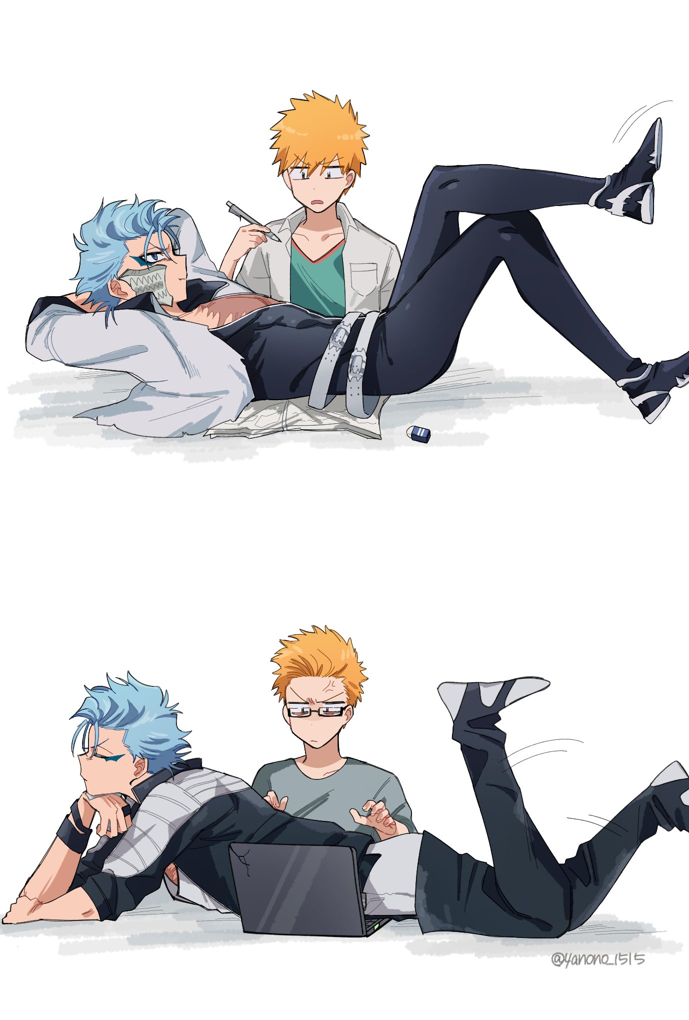 Safebooru - 2boys alternate costume anger vein angry arm support arms ...