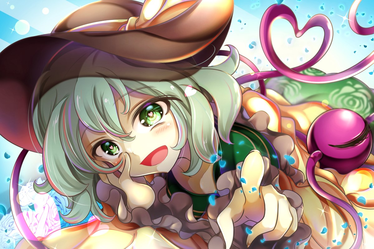 Safebooru - 1girl :d black hat blue background blue flower blue rose blurry blush commentary ...