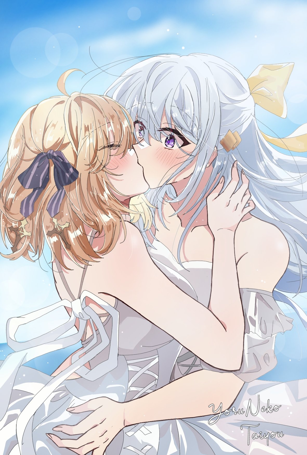 Safebooru - 2girls ahoge anisphia wynn palettia arms around waist bare shoulders blonde hair ...