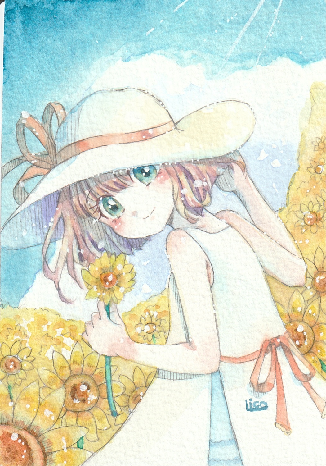 Safebooru - 1girl artist name bare shoulders blue eyes blue sky brown hair clouds dress flower ...
