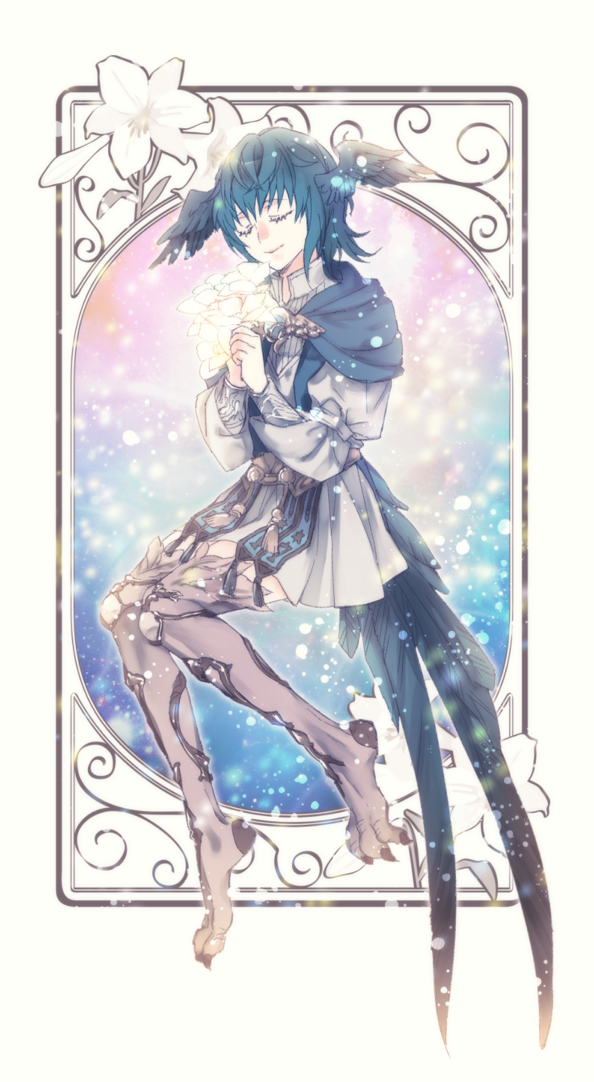 Safebooru - 1girl bird girl bird legs bird tail bird wings blue capelet blue hair border brooch ...