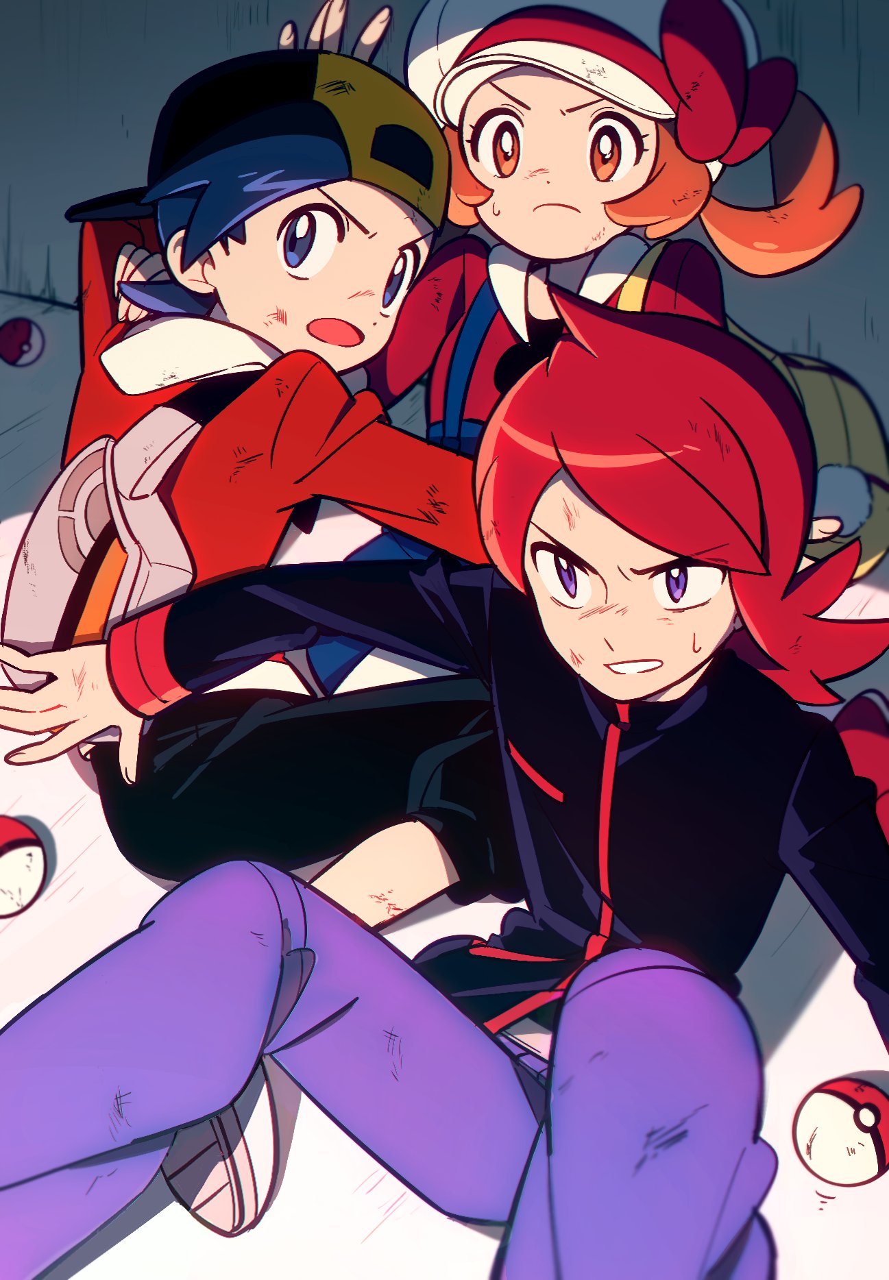 Safebooru - 1girl 2boys backwards hat baseball cap black eyes black hair black hat black jacket ...