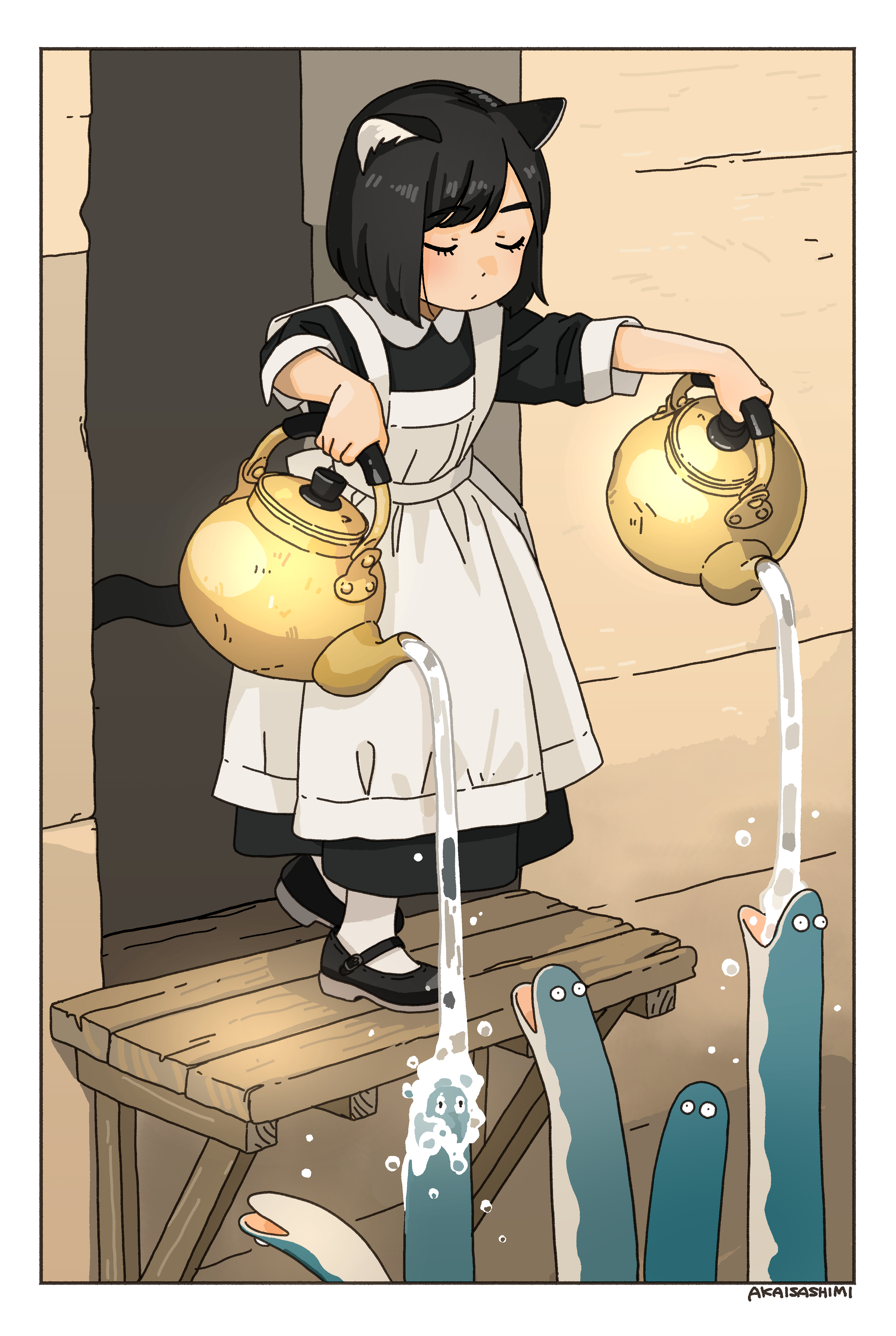 Safebooru - 1girl absurdres akai sashimi animal ears apron black dress black footwear black hair ...