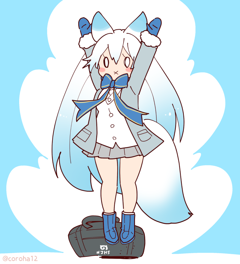 Safebooru - 1girl animal ears arms up bag blue background blue hair boots bow bowtie cardigan ...