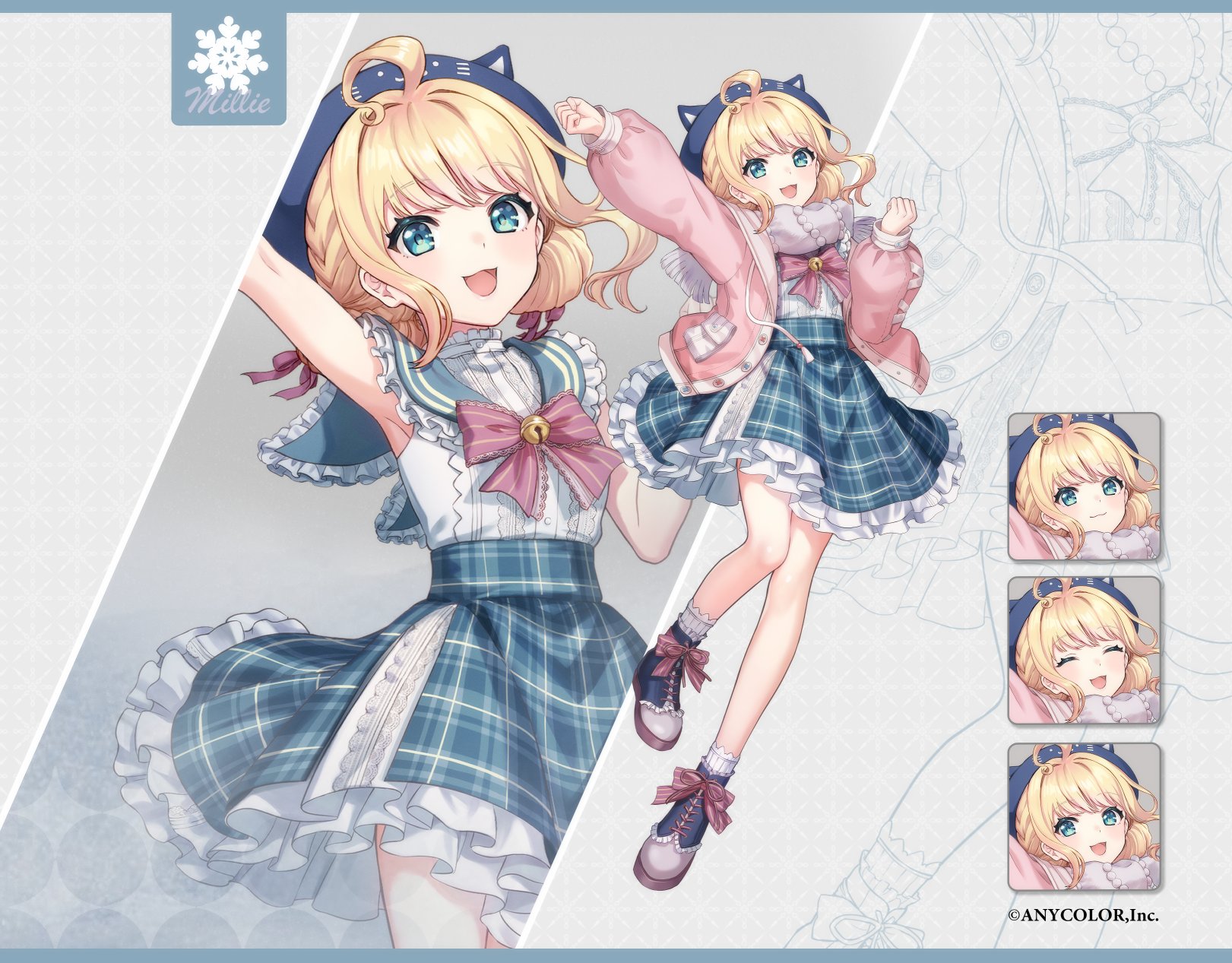 Safebooru - ahoge animal hat aqua eyes arm up blonde hair blue dress blush cat hat closed eyes ...