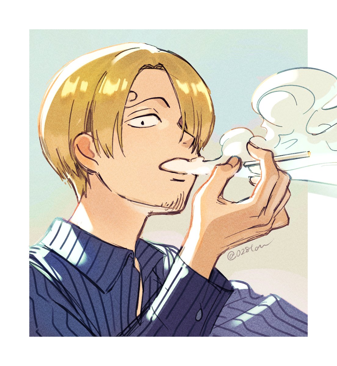 Safebooru - 1boy blonde hair blue shirt cigarette close-up commentary ...
