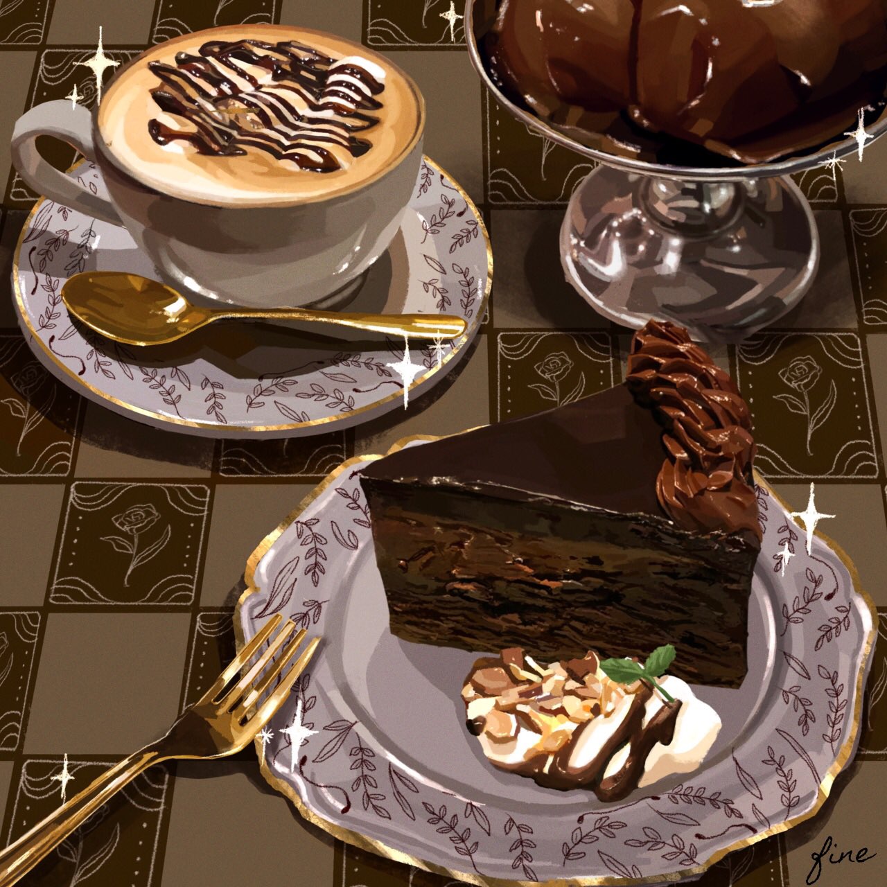 Safebooru - artist name cake cake slice chocolate cake chocolate syrup coffee cup fine 9725 food ...