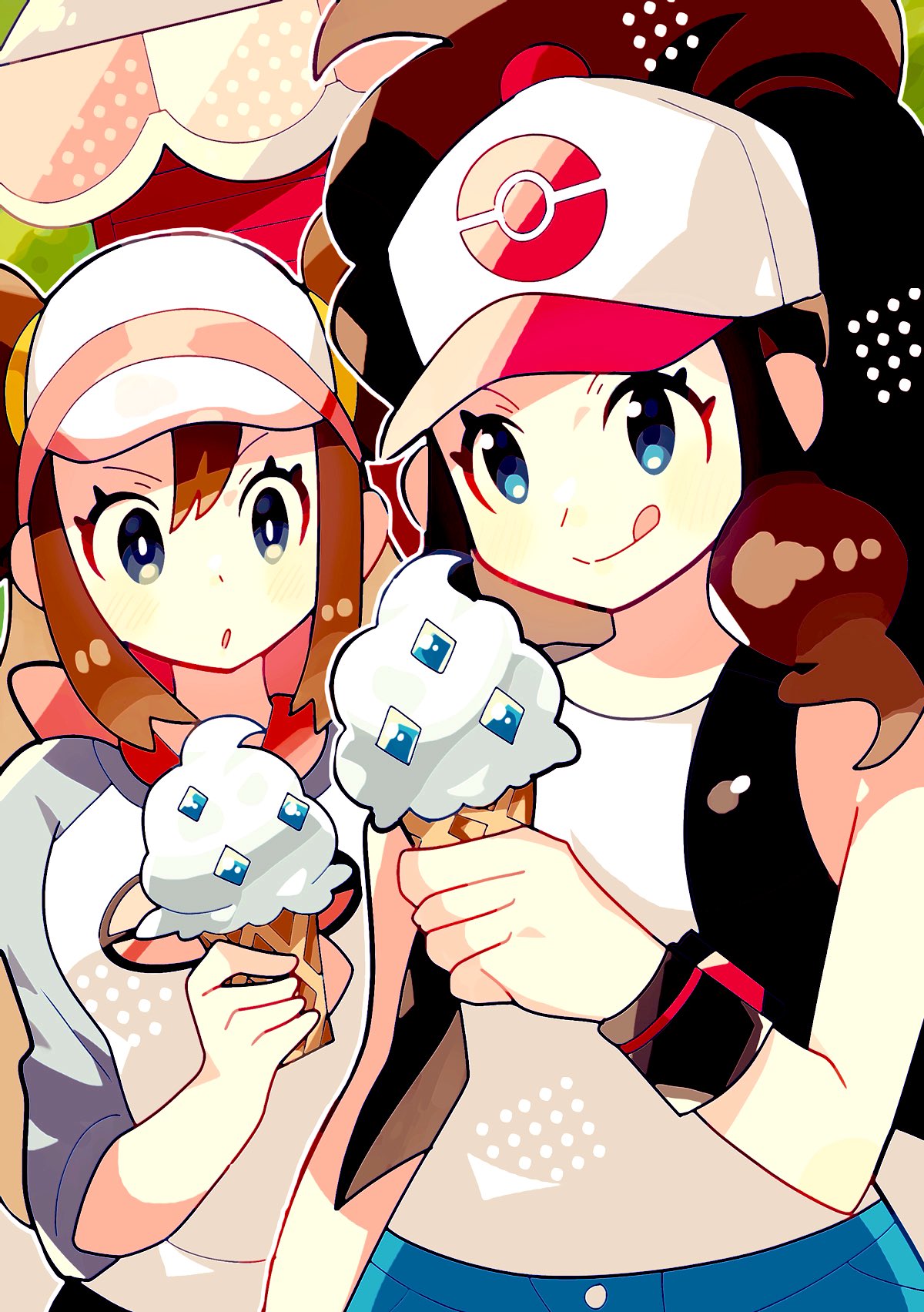Safebooru - 2girls :o :p anidler91 black vest blue eyes brown hair casteliacone food hat highres ...
