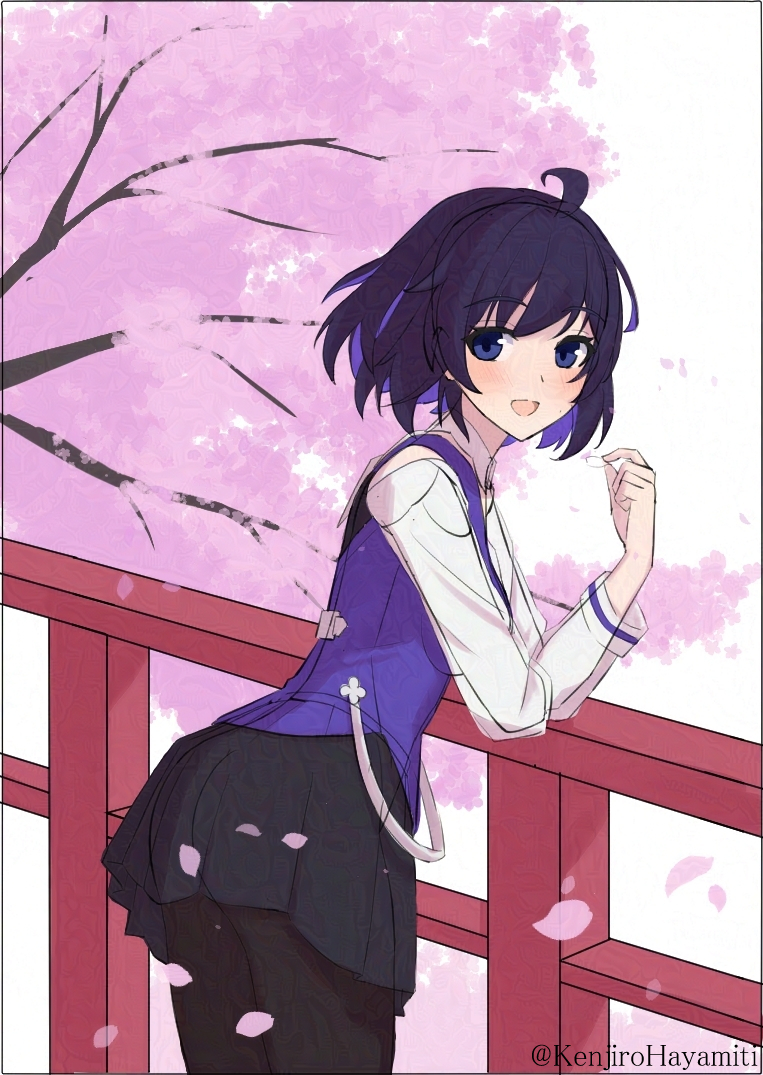 Safebooru - 1girl :d ahoge artist name black pantyhose black skirt blue hair cherry blossoms ...
