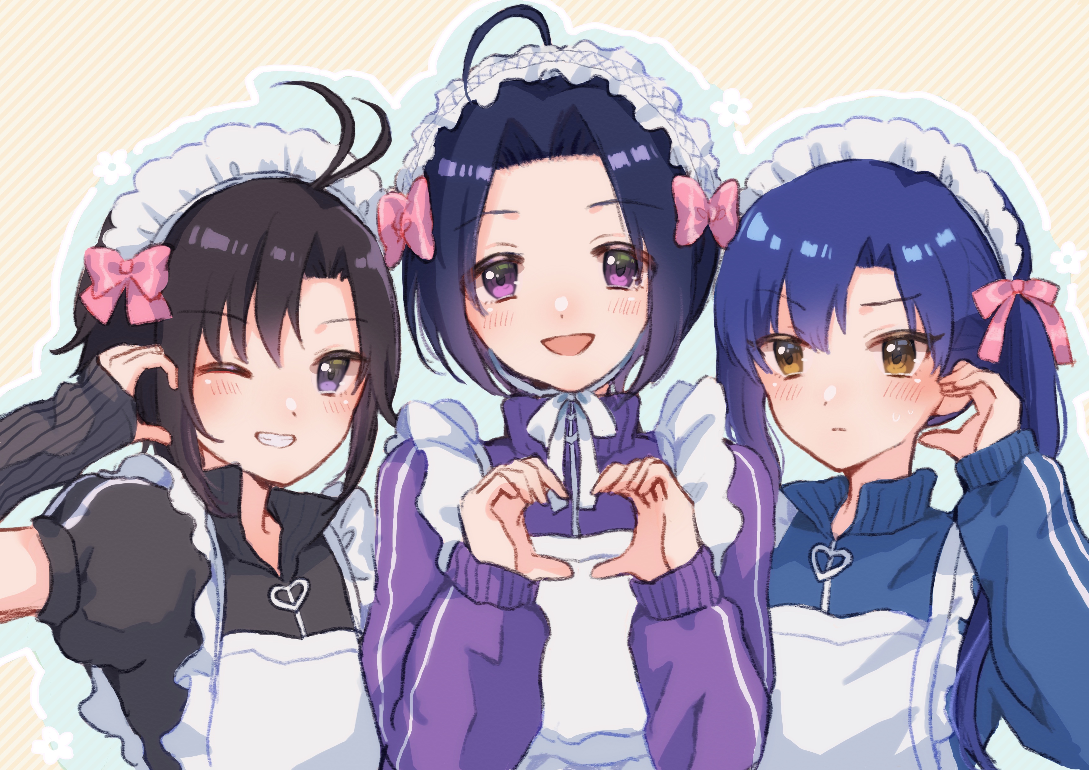 Safebooru - 3girls ;d absurdres ahoge alternate costume antenna hair apron black arm warmers ...