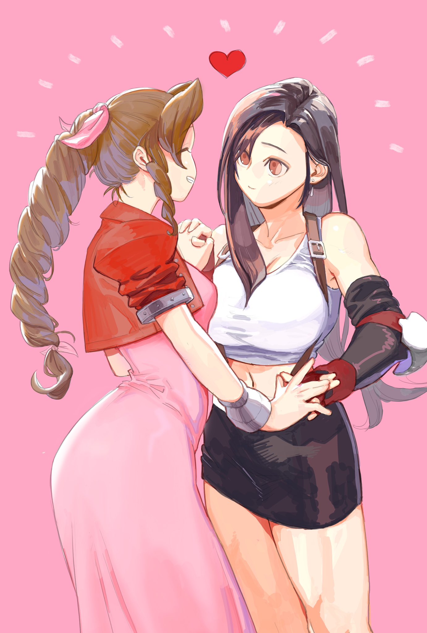 Safebooru - 2girls aerith gainsborough black hair black skirt brown hair closed eyes couple crop ...