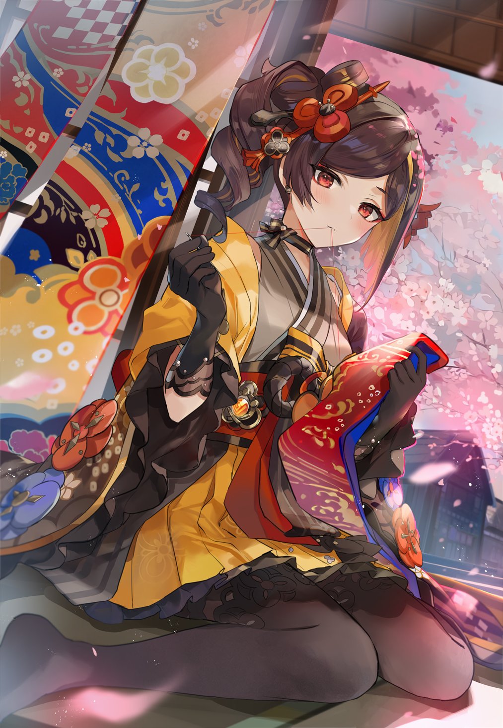 Safebooru - 1girl black thighhighs brown hair chiori (genshin impact ...
