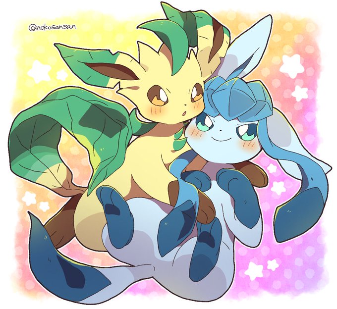 Safebooru - artist name blue eyes blue fur blush brown eyes glaceon green fur leaf leafeon ...
