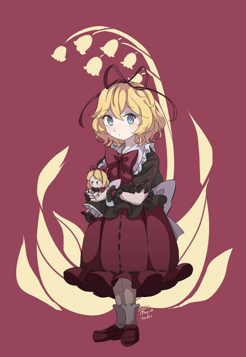 Safebooru - 1girl black shirt blonde hair blue eyes bubble skirt doll doll joints flower hair ...