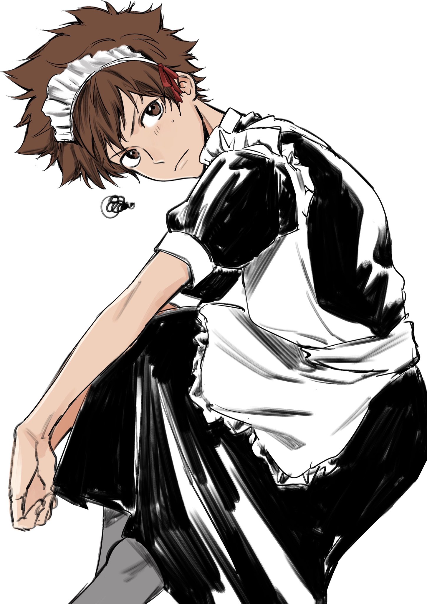 Safebooru - 1boy apron arms on knees black dress black pantyhose brown ...