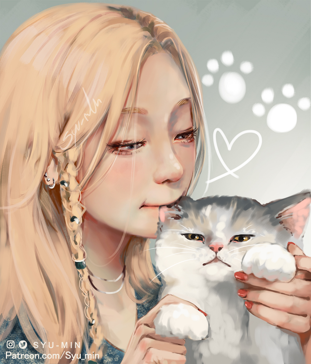 Safebooru - 1girl animal annoyed artist name biting blue shirt braid cat ear biting earrings ...
