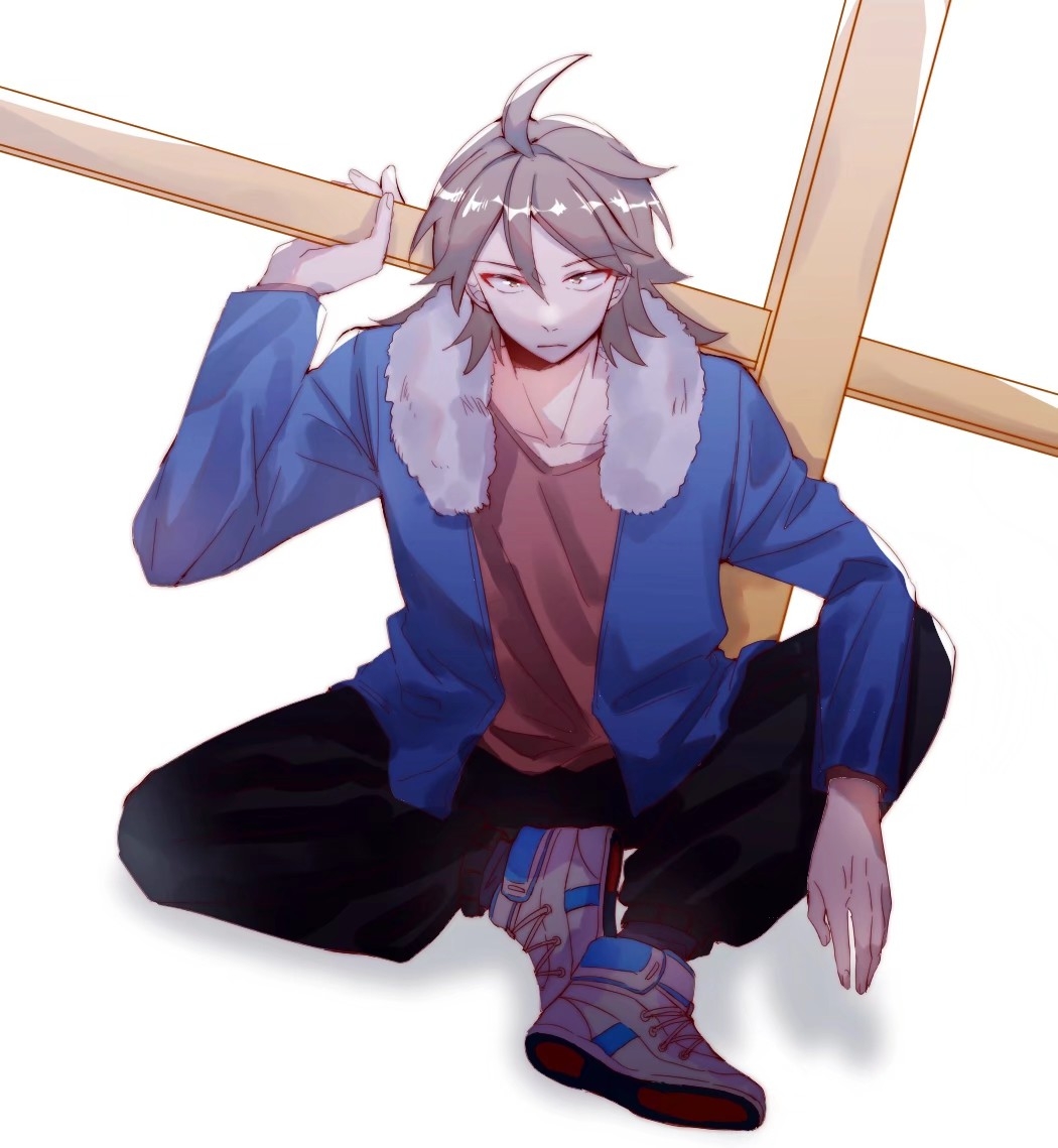 Safebooru - 1boy ahoge black pants blue jacket brown eyes brown hair closed mouth commentary ...