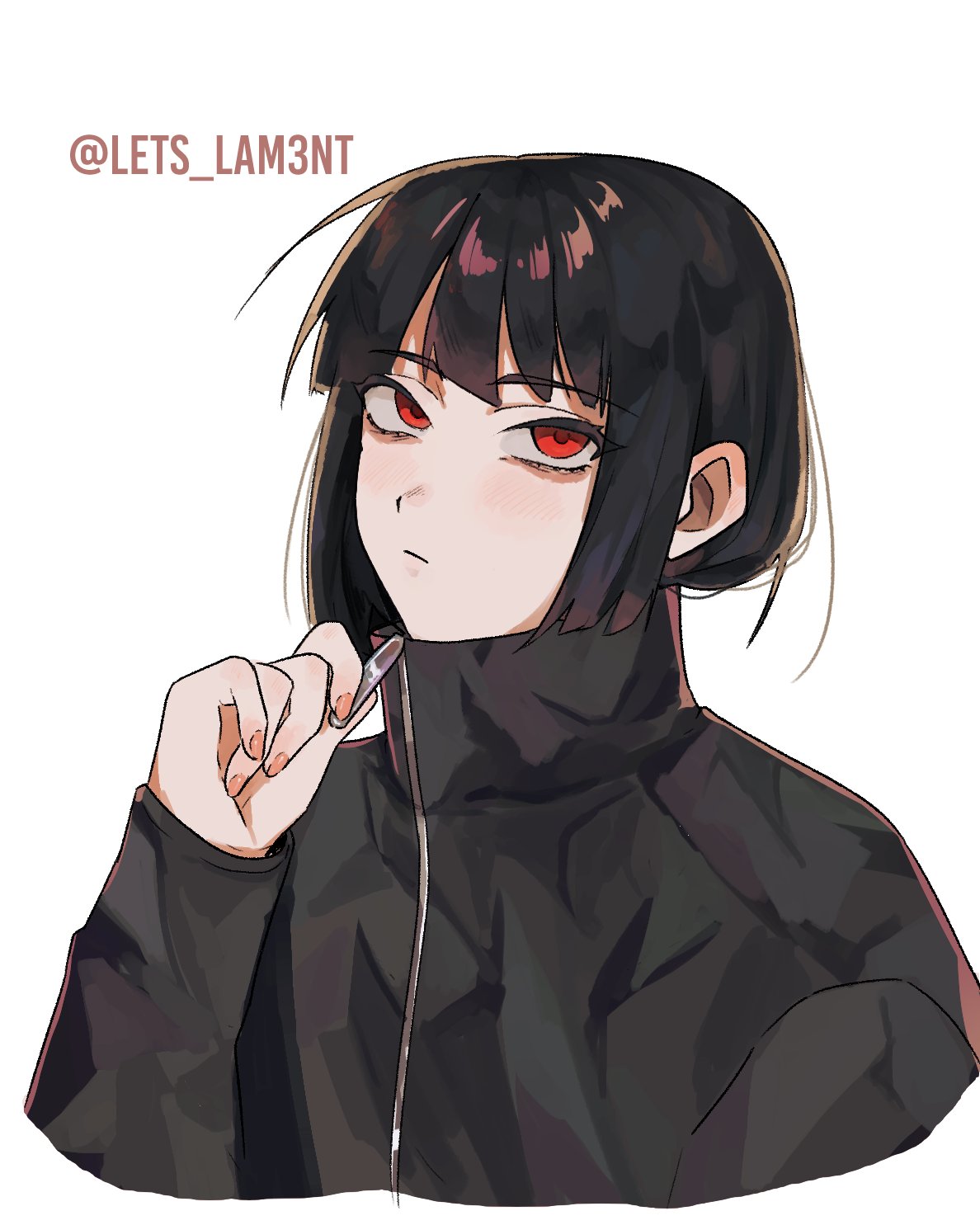 Safebooru - 1girl artist name black hair black jacket bob cut closed ...