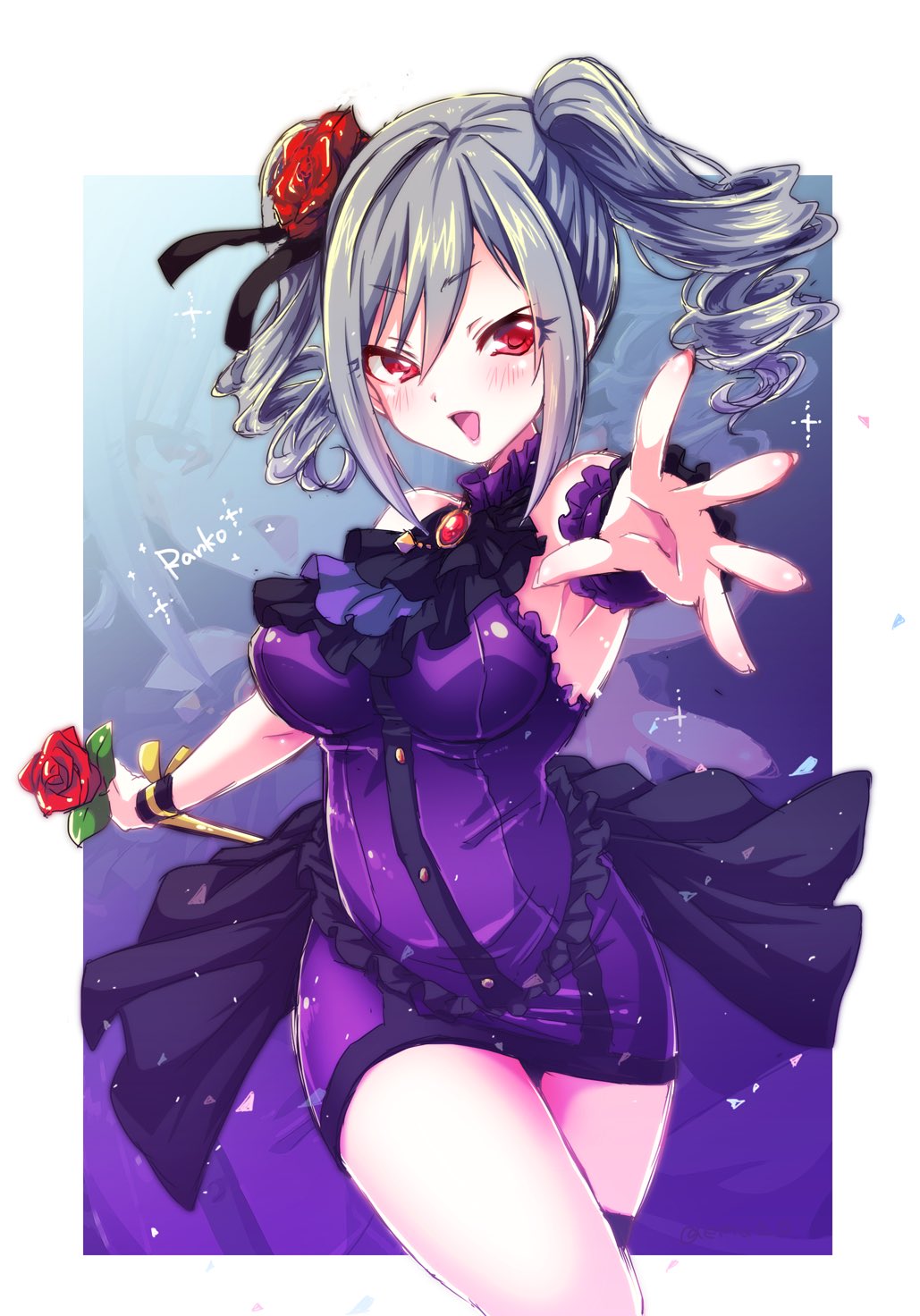 Safebooru - 1girl bare shoulders blush breasts brooch commentary request dress drill hair emu ...