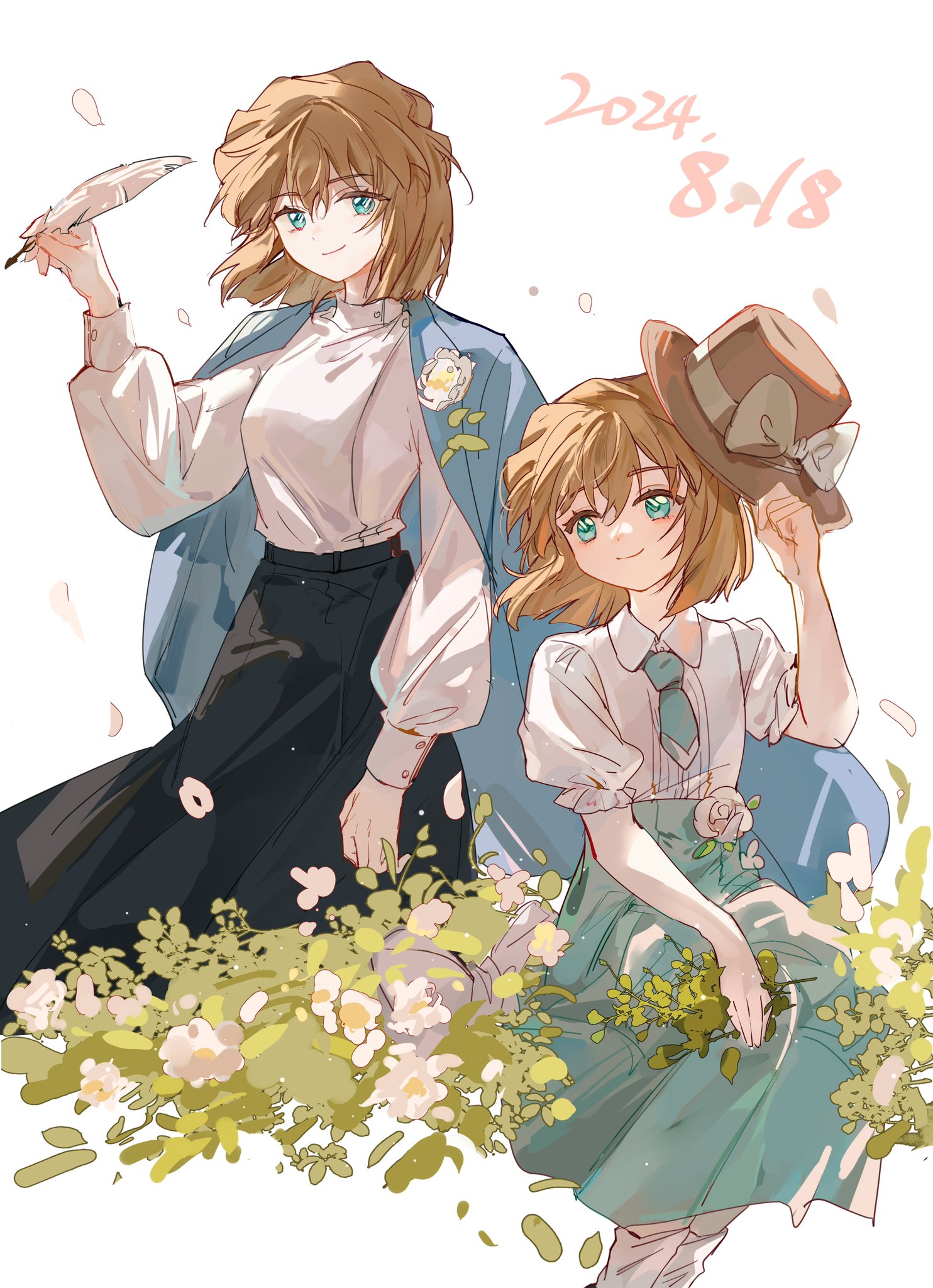 Safebooru - 2girls black skirt blue eyes bow brown hair child collared shirt cubed (houkuaid ...