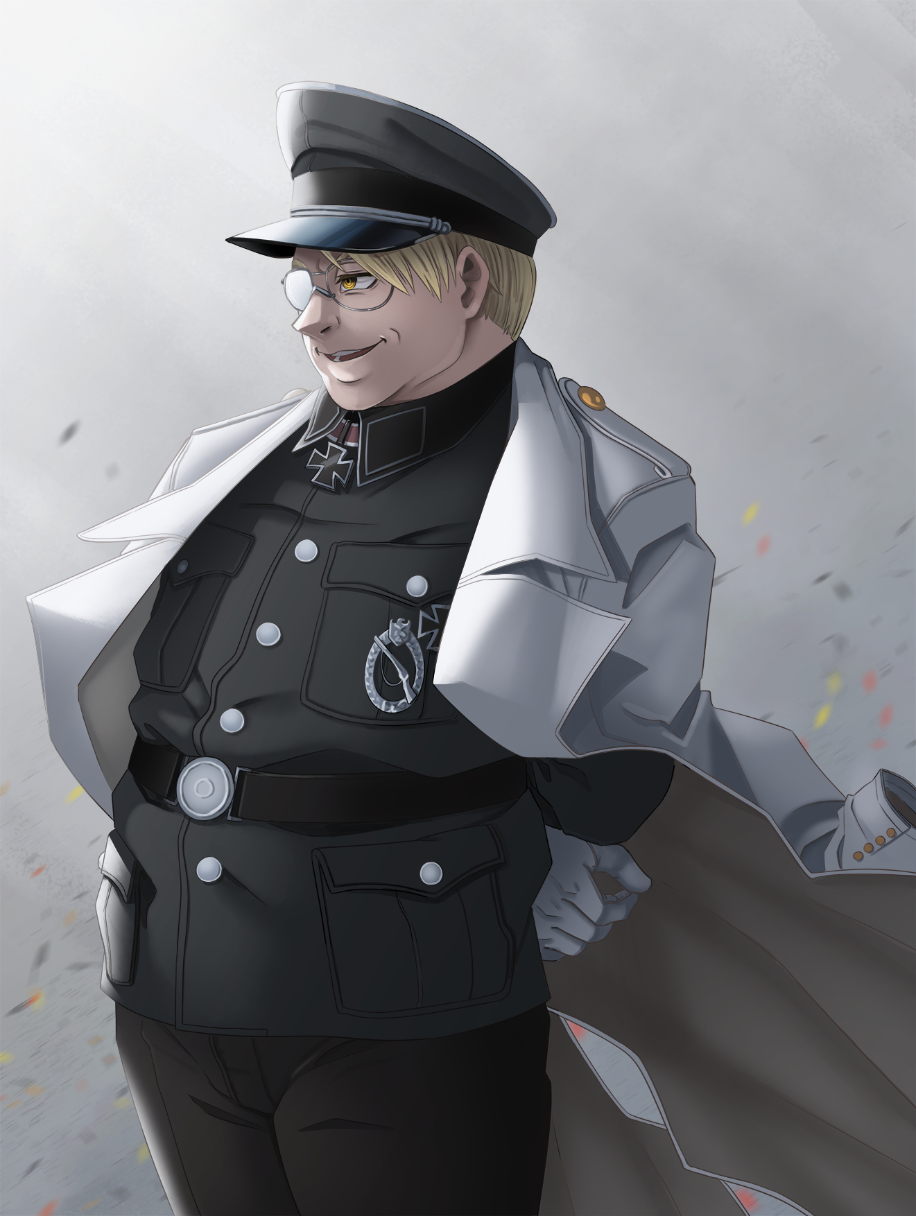 Safebooru - 1boy arms behind head black pants blonde hair coat cross ...