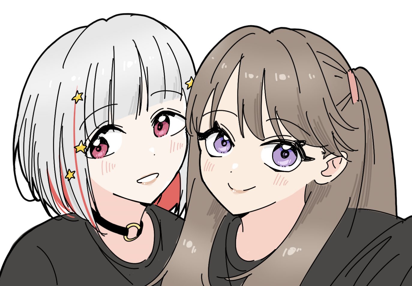 Safebooru - 2girls black choker black shirt blush bob cut brown hair choker closed mouth colored ...