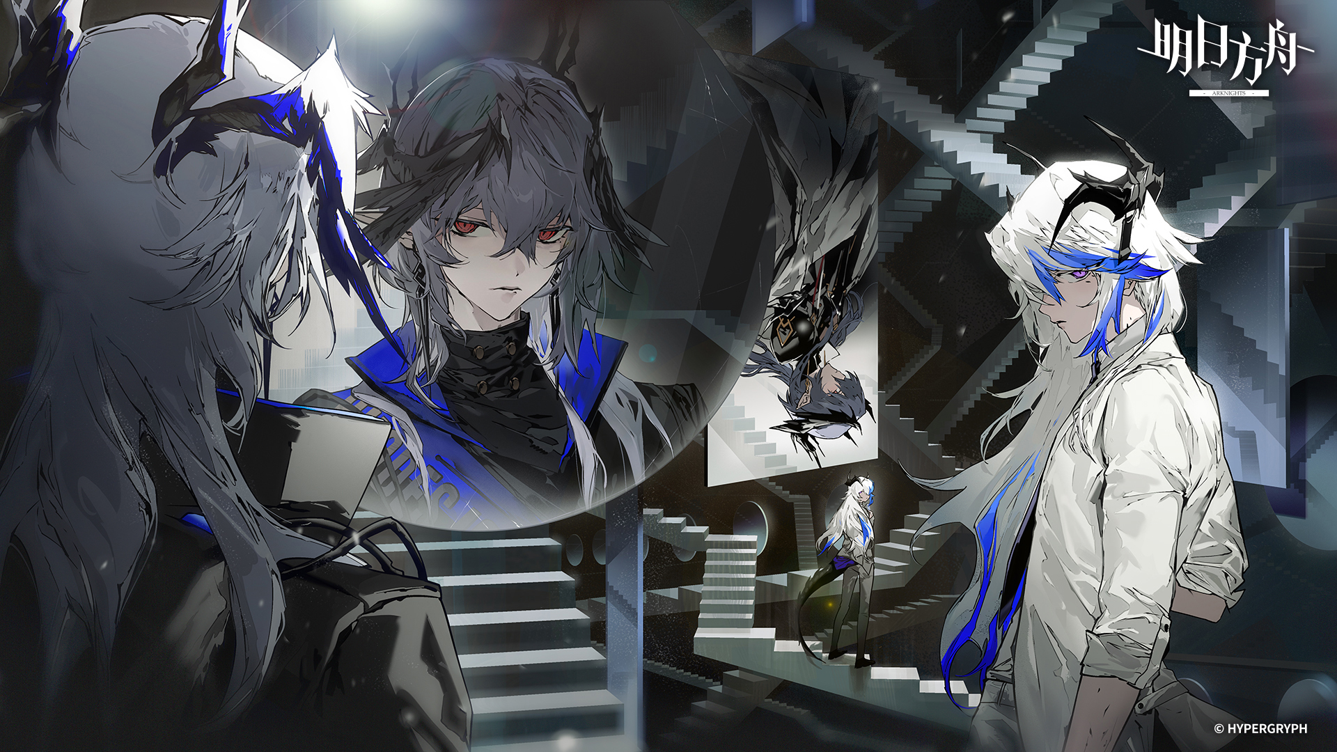 Safebooru - 2boys arched back arknights black shoes blank stare blue hair cape copyright name ...