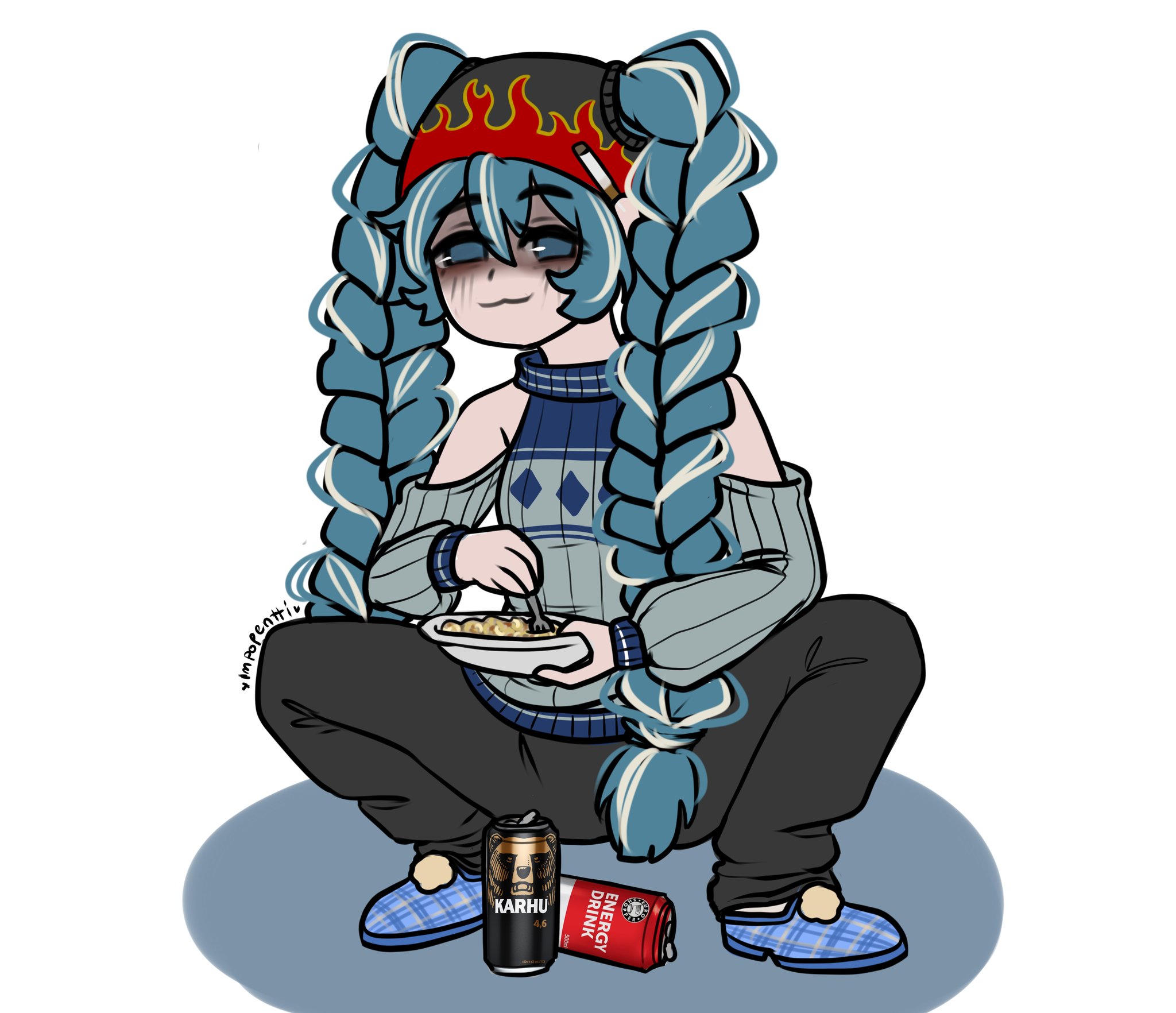 Safebooru - 1girl :3 beanie beer can blue eyes blue hair braid can ...