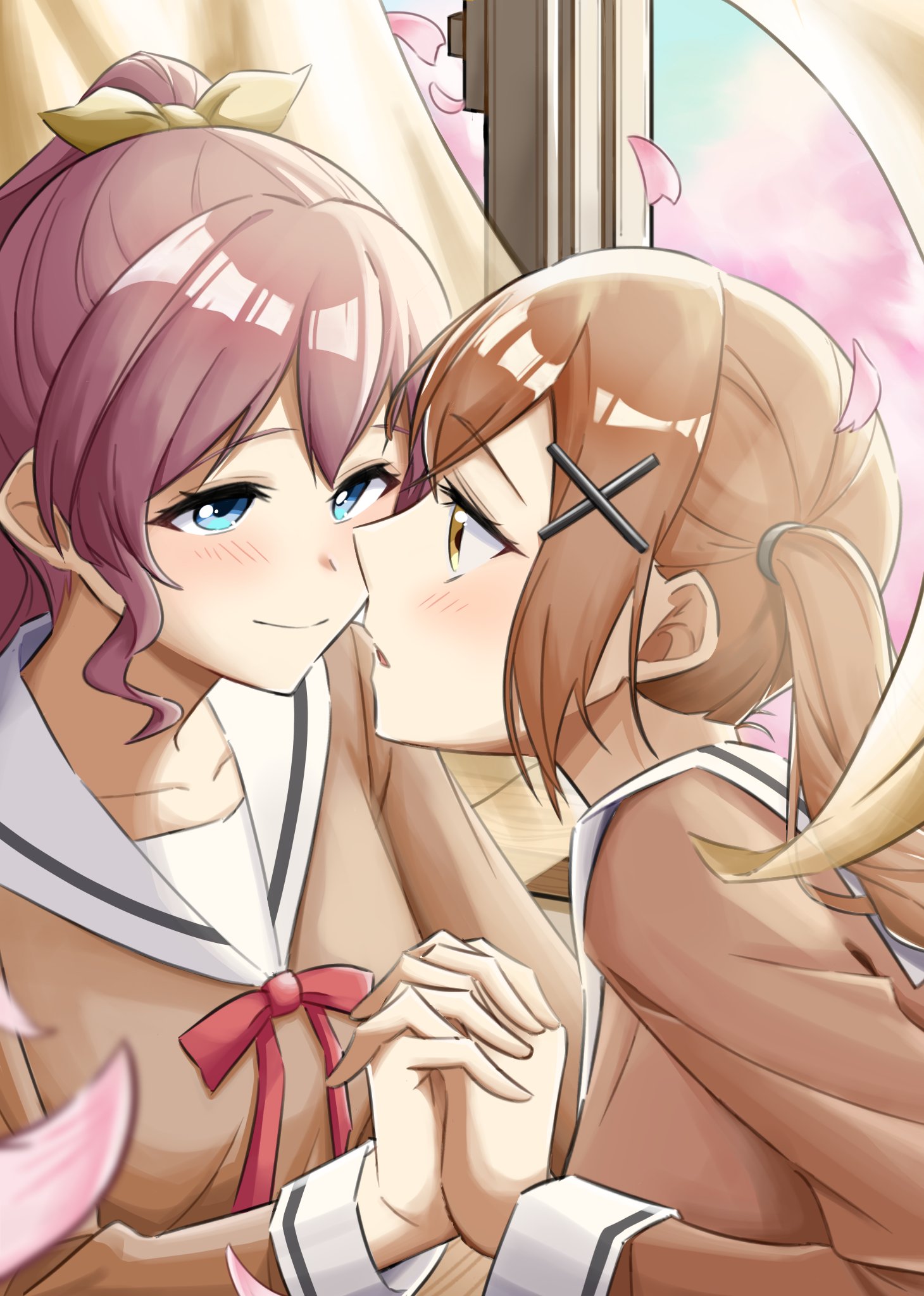 Safebooru - 2girls aoiro1623 bang dream! blush brown dress brown hair cherry blossoms closed ...