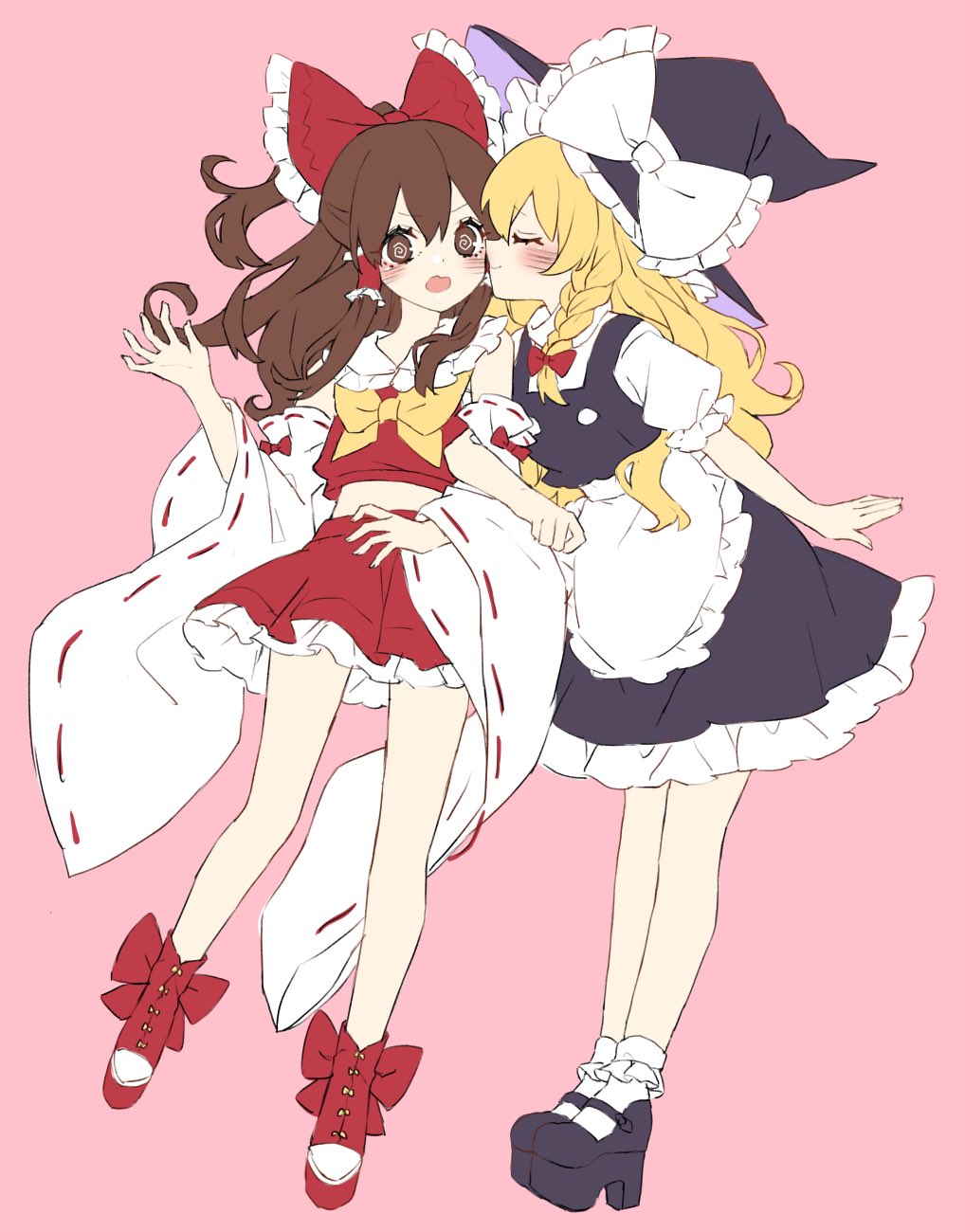 Safebooru - 2girls @ @ apron black footwear black vest blonde hair blush bobby socks bow braid ...