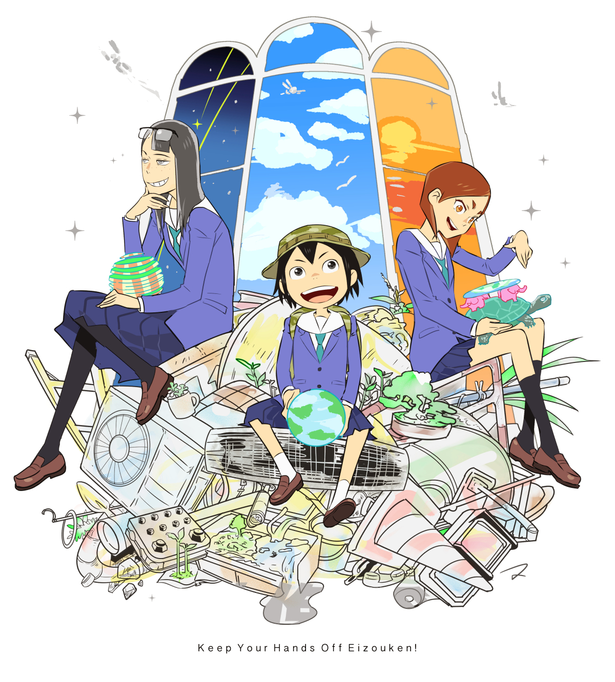 Safebooru - 3girls asakusa midori asymmetrical bangs black hair bob cut brown footwear brown ...