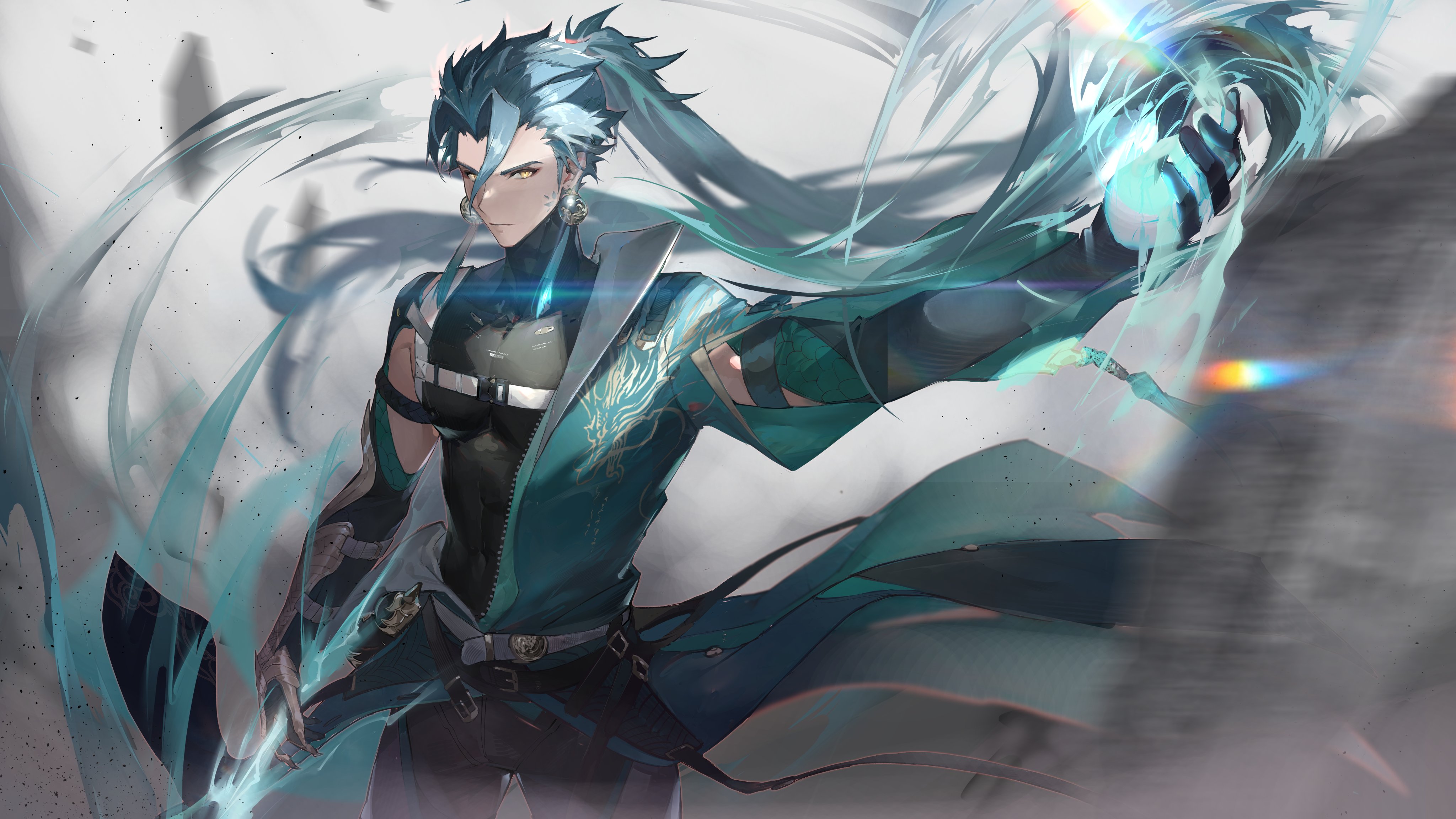 Safebooru - 1boy absurdly long hair absurdres arm belt asymmetrical clothes belt belt buckle ...