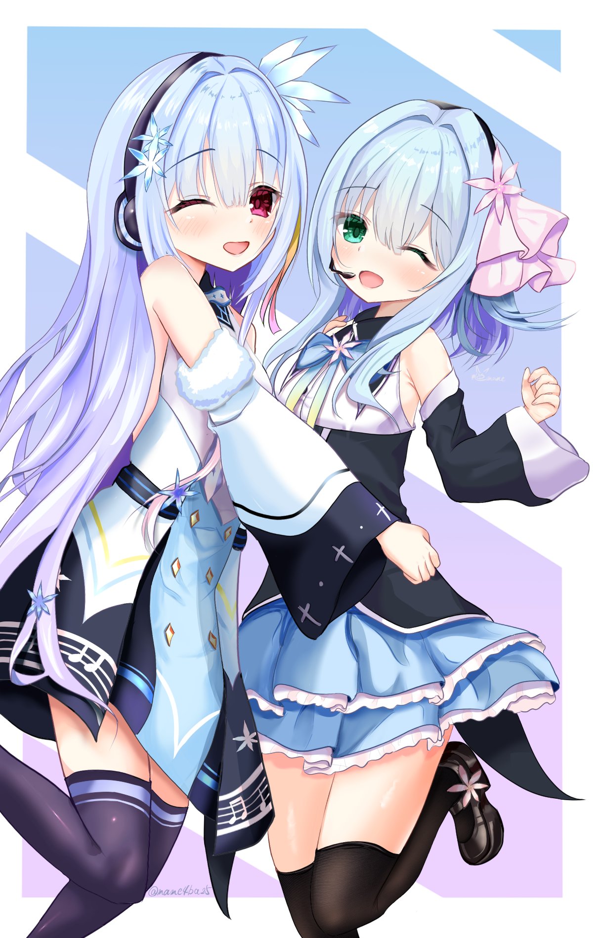 Safebooru - 2girls ;d bare shoulders black footwear black shirt black thighhighs blue hair blue ...