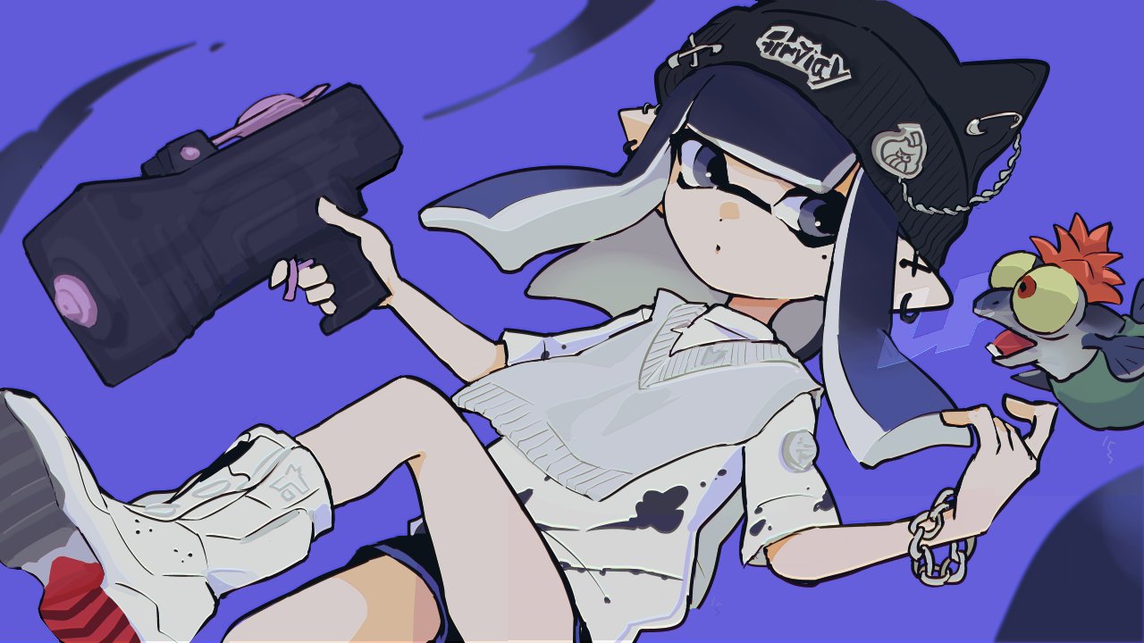 Safebooru - 1girl beanie black hair black hat black shorts blue background blue hair boots ...