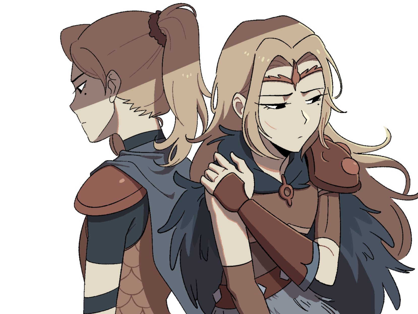 Safebooru - 1girl amphibia armband armor back-to-back black cape blonde hair bracelet ...