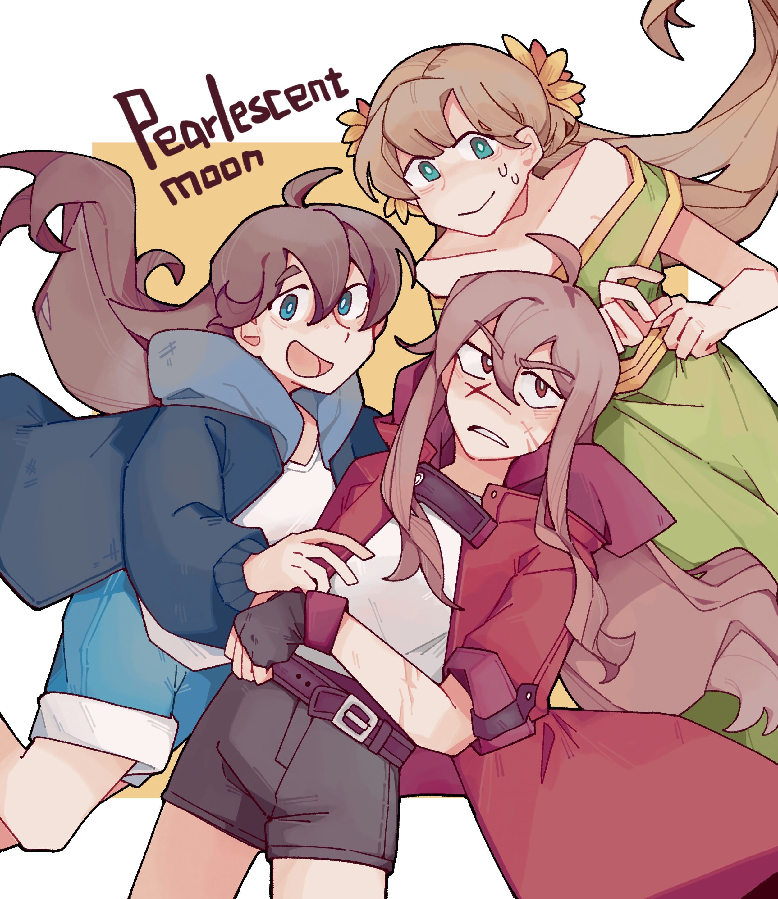 Safebooru - 3girls :d absurdres ahoge animification annoyed aqua eyes bare shoulders belt belt ...