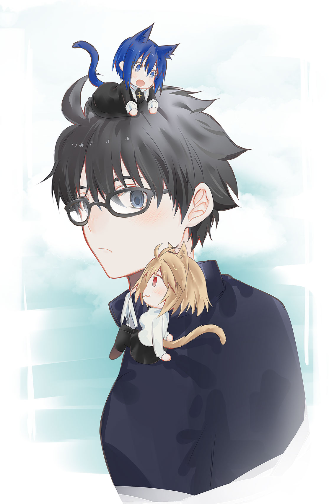 Safebooru - 1boy 2girls :3 :o arcueid brunestud black-framed eyewear black hair black skirt ...