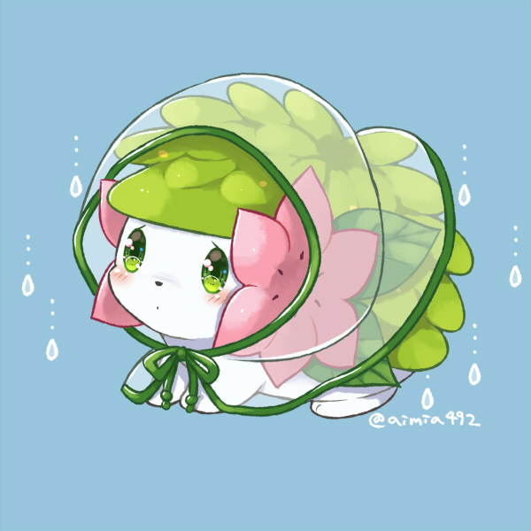 Safebooru - aimi (aimia492) blue background blush colored skin flower green eyes no humans pink ...