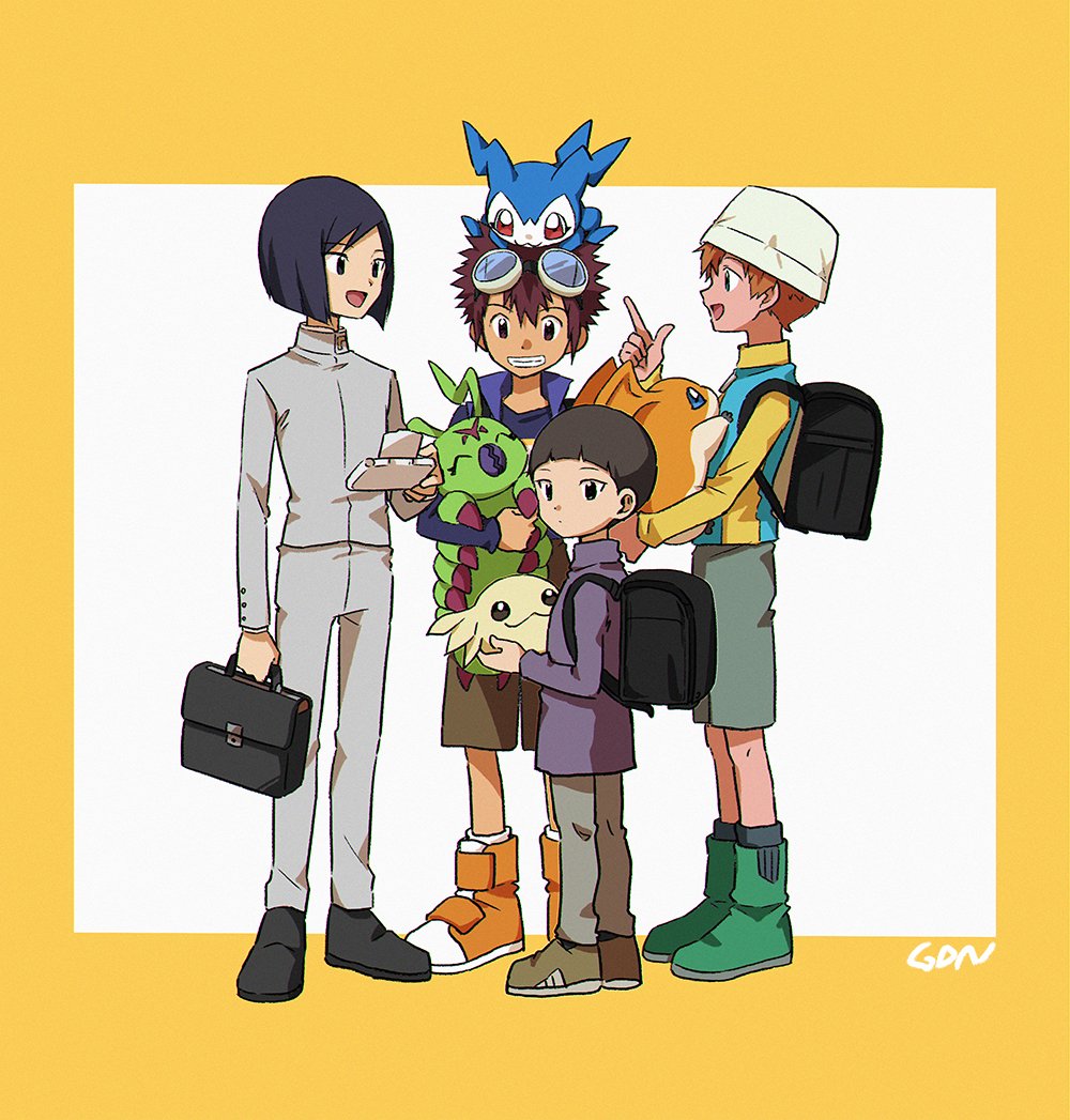 Safebooru - 4boys backpack bag black hair blonde hair blue vest brown hair brown shorts chibimon ...